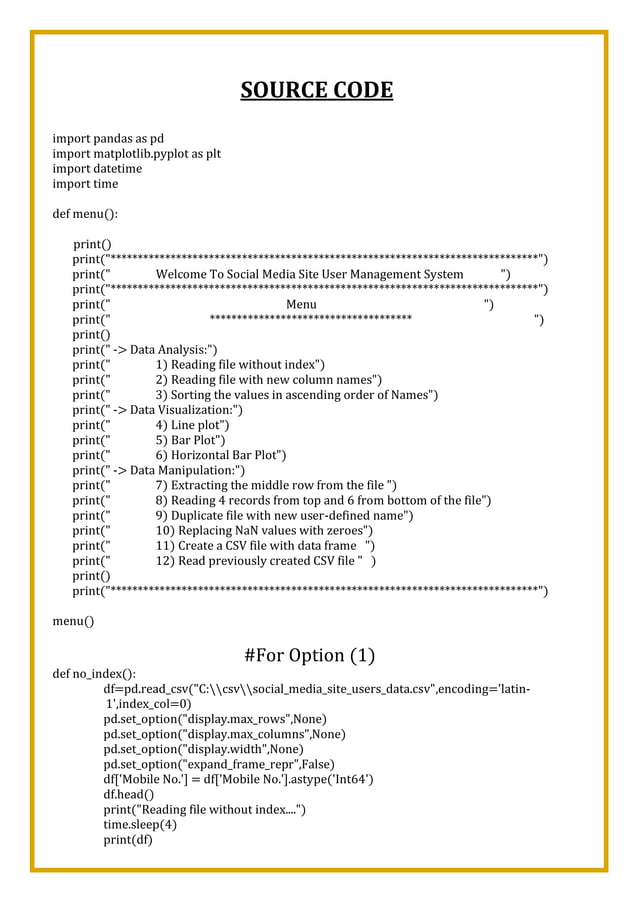 Social Media Site User Management System Class 12th Informatics Practices Python Project Report ...