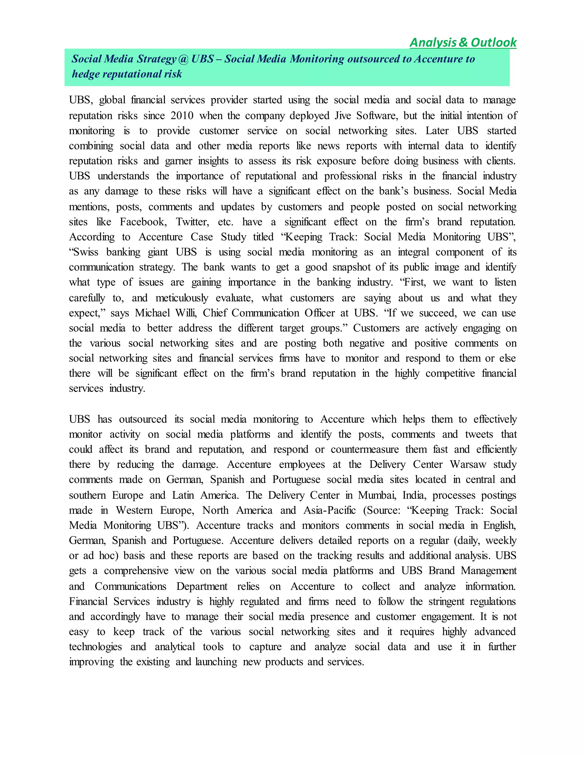 Social Media @ UBS – Social Media Monitoring outsourced to Accenture to ...