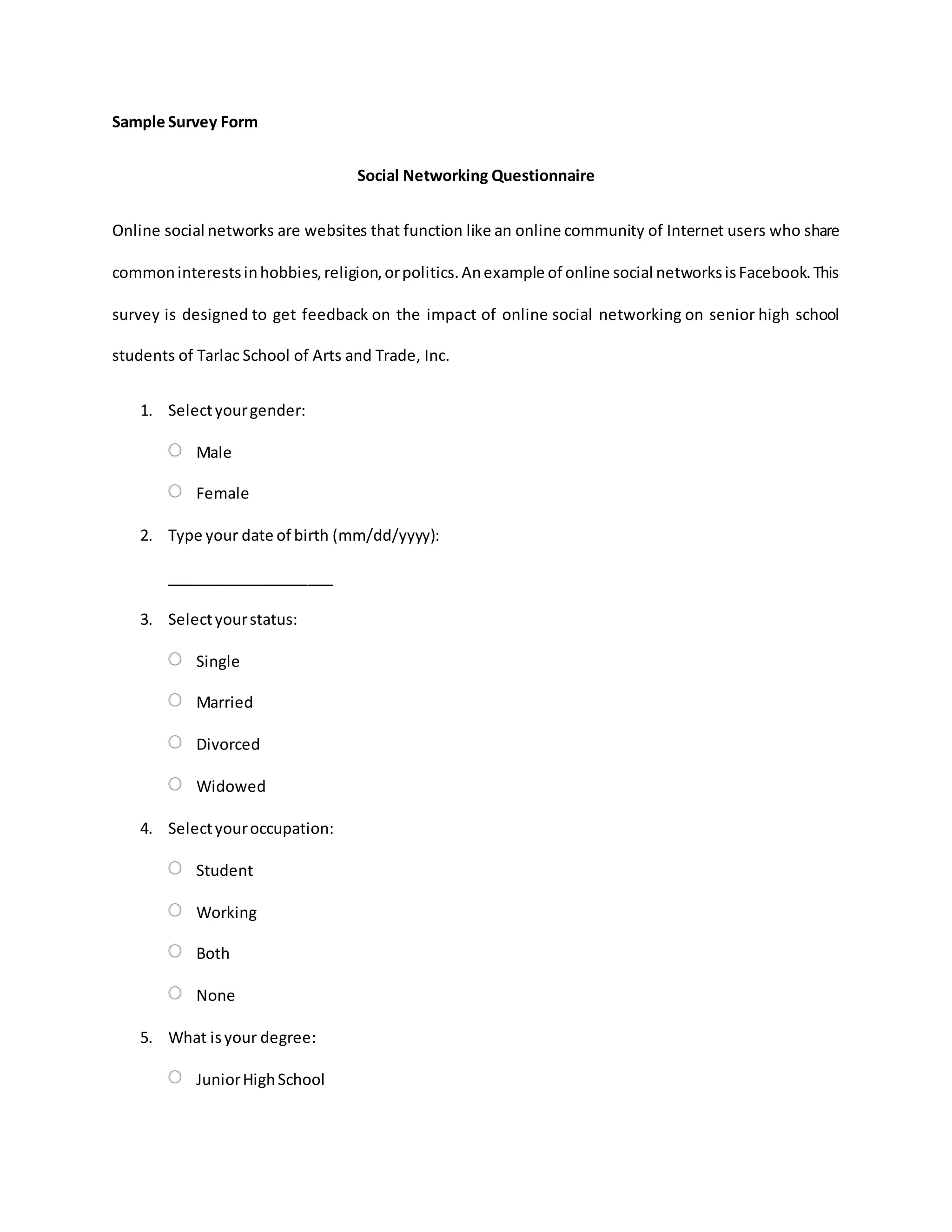 Social Networking Questionnaire Docx