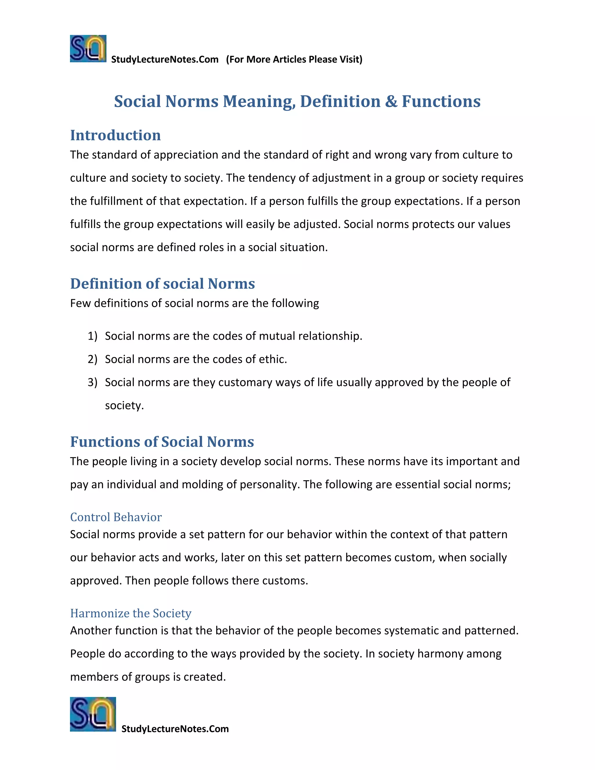 Social Norms Meaning & Functions by studylecturenotes.com
