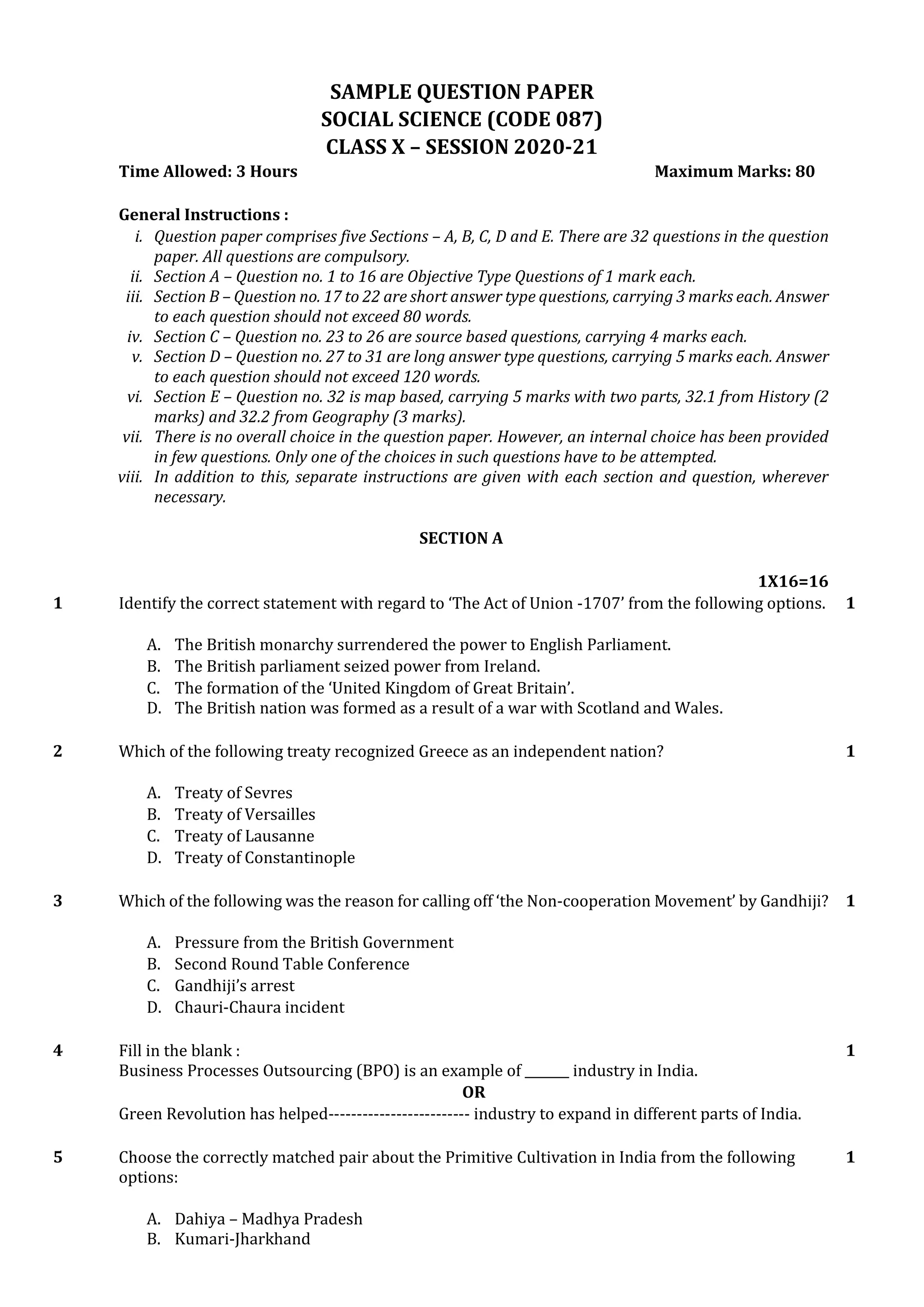 Social science sqp class 10 | PDF