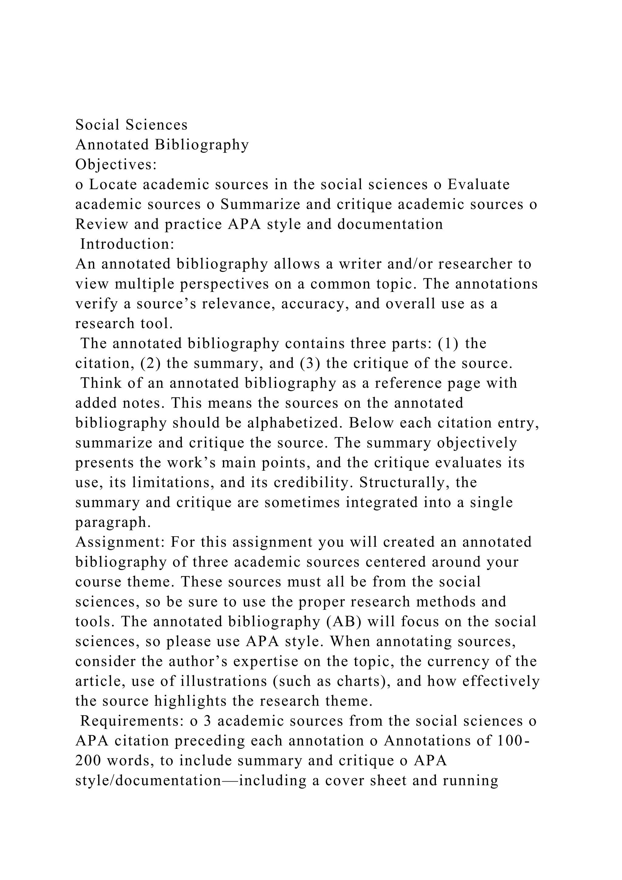 Social Sciences Annotated Bibliography Objectives o Locate.docx