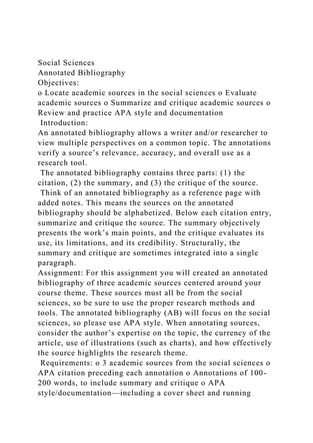 Social Sciences Annotated Bibliography Objectives o Locate.docx