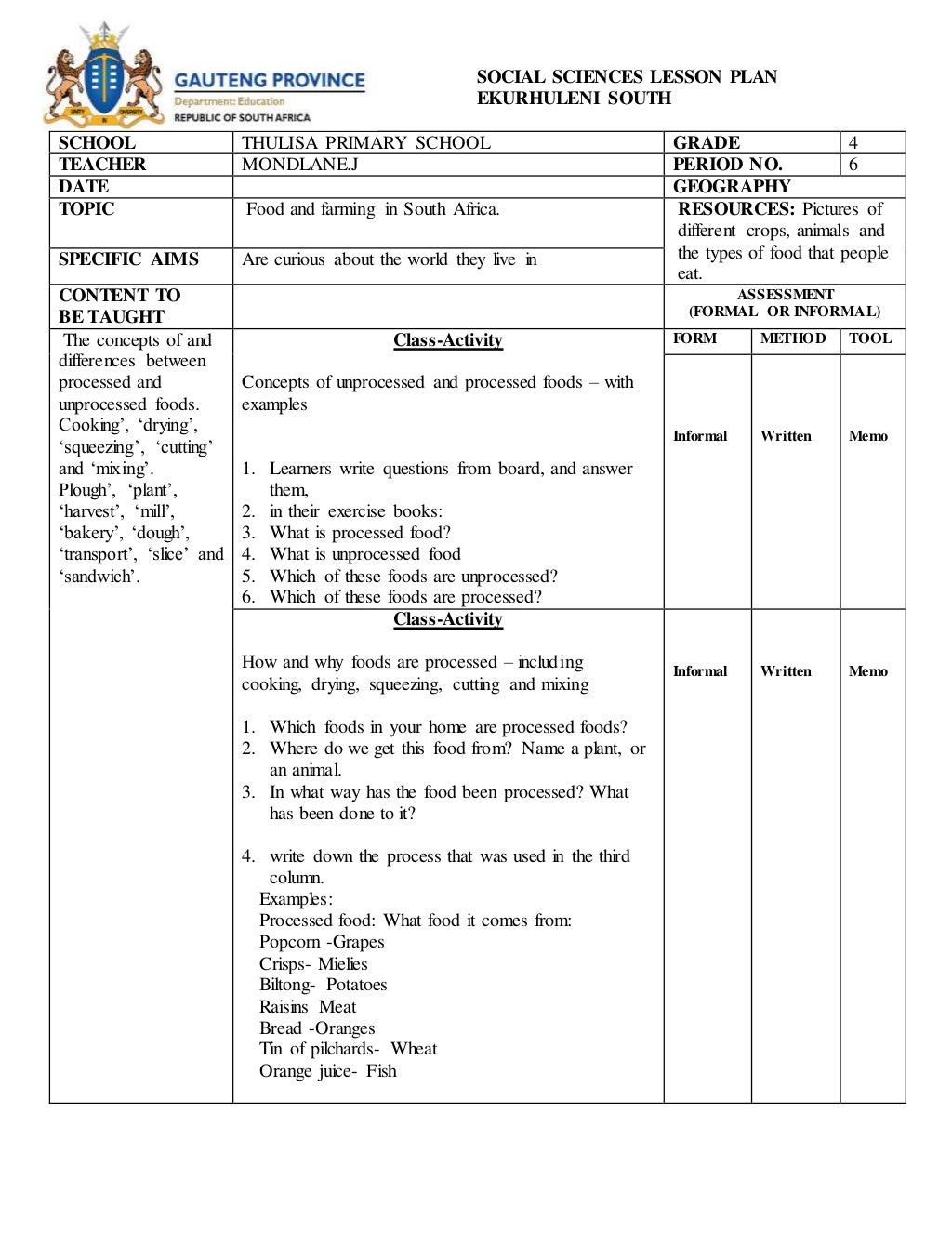 Social Sciences Lesson Plan Social Sciences Lesson Plan
