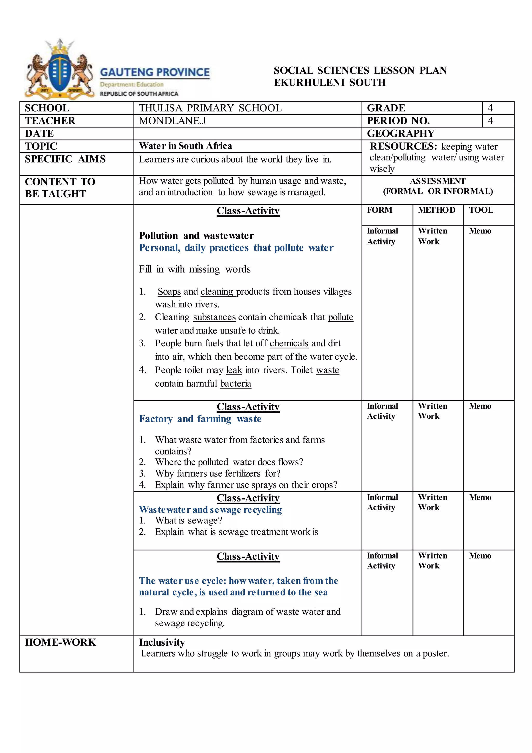 Social sciences lesson plan term 4 geograpghy | DOCX