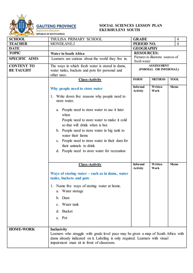 Social sciences lesson plan term 4 geograpghy | DOCX | Geography | Science
