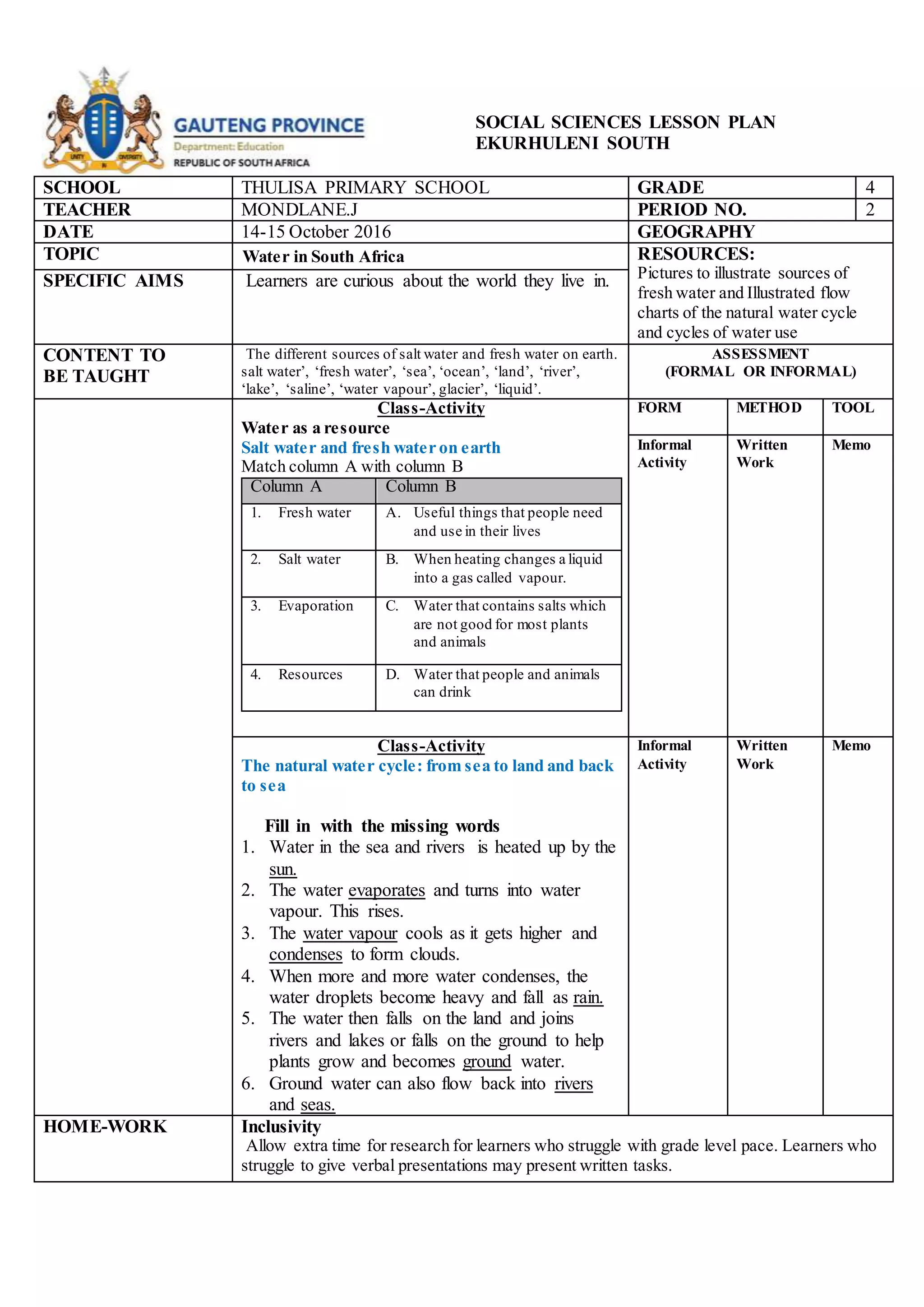 Social sciences lesson plan term 4 geograpghy | DOCX