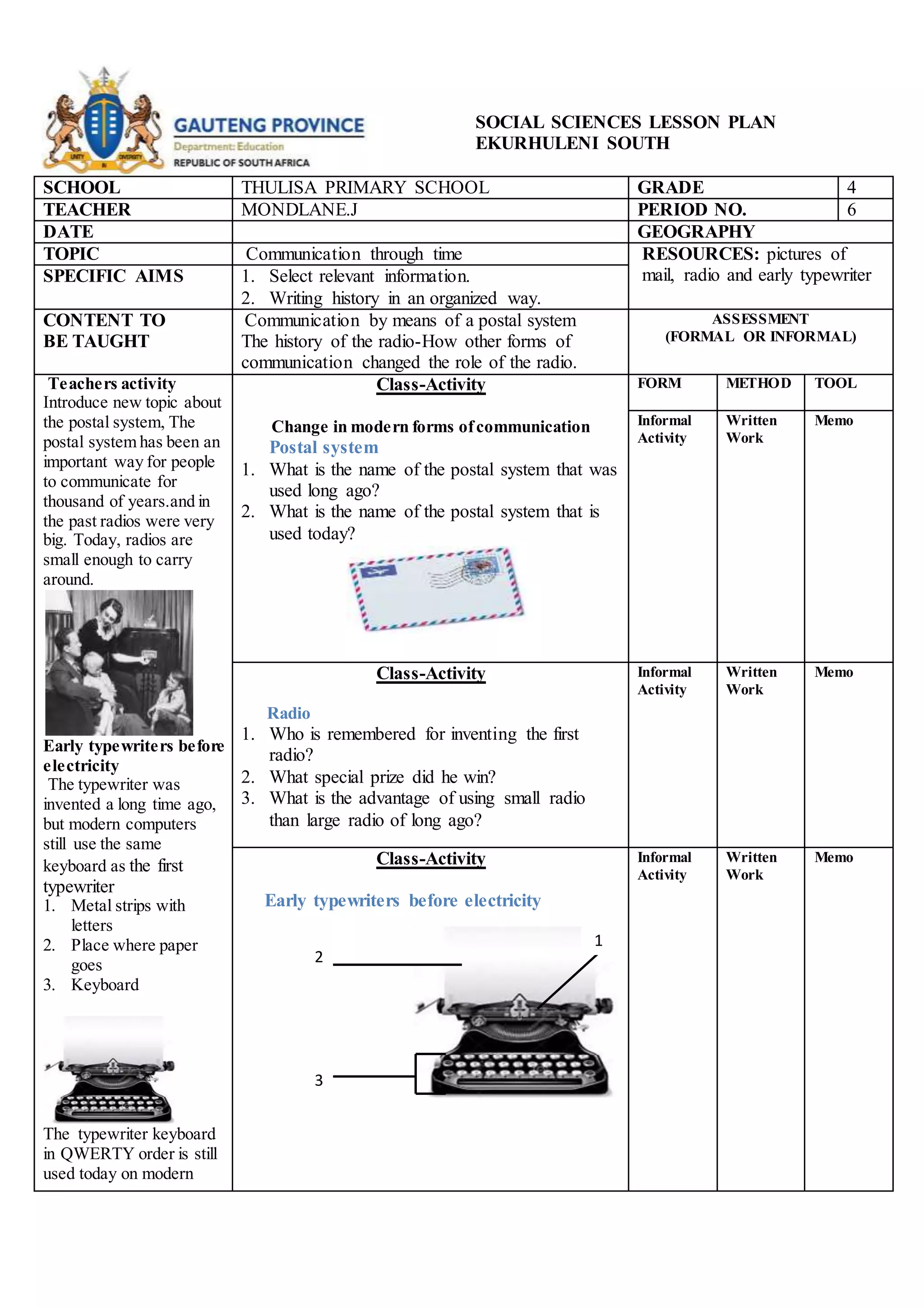 Social sciences lesson plan term 4 history | DOCX