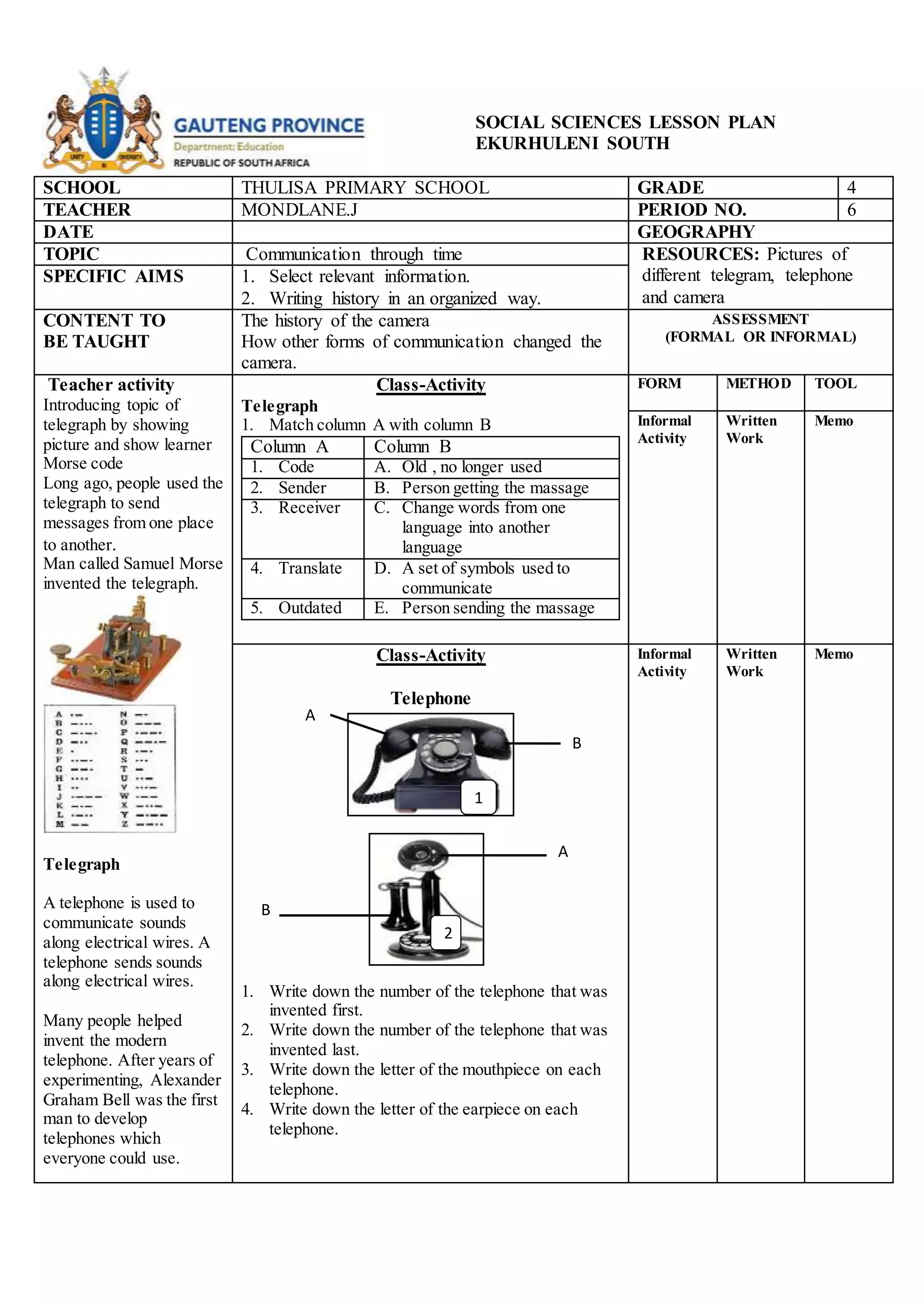 Social sciences lesson plan term 4 history | DOCX