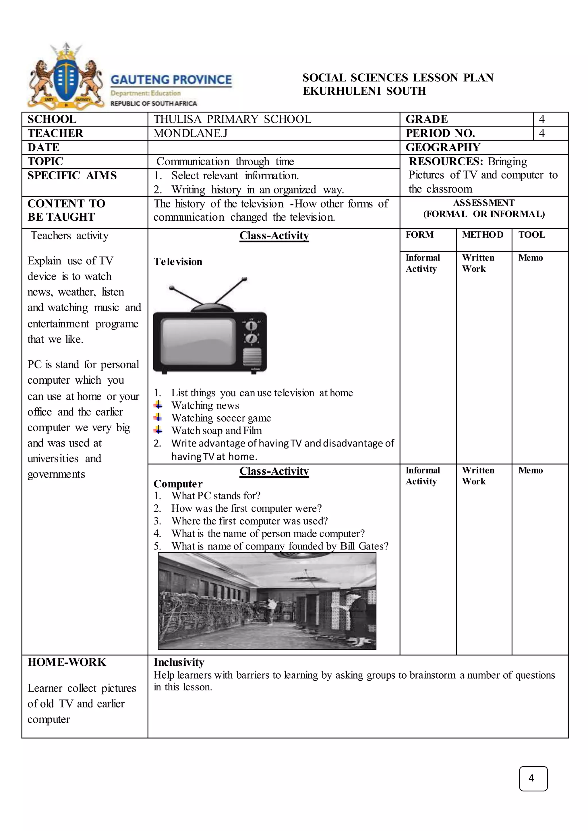 Social sciences lesson plan term 4 history | DOCX