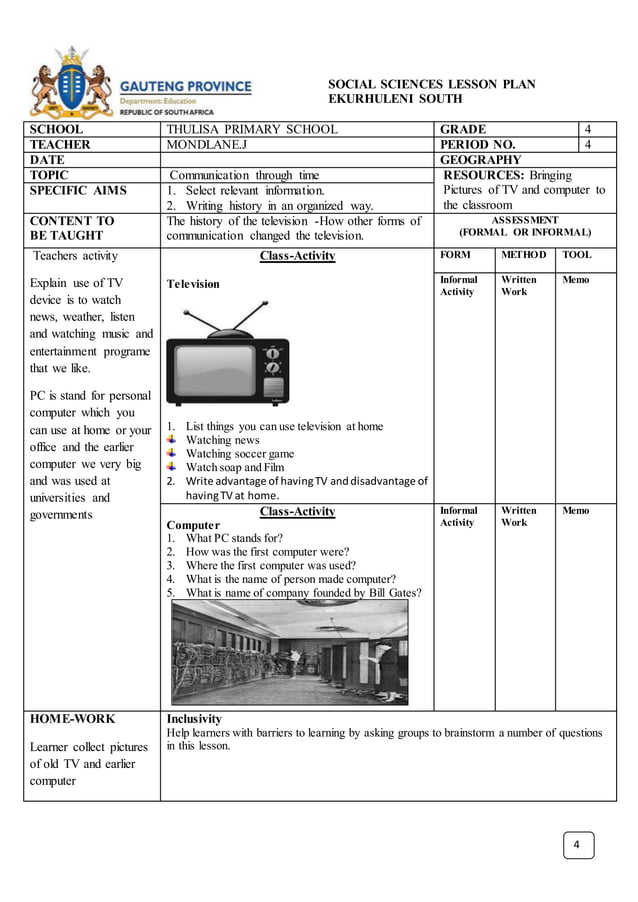 Social sciences lesson plan term 4 history | DOCX | Technology & Computing