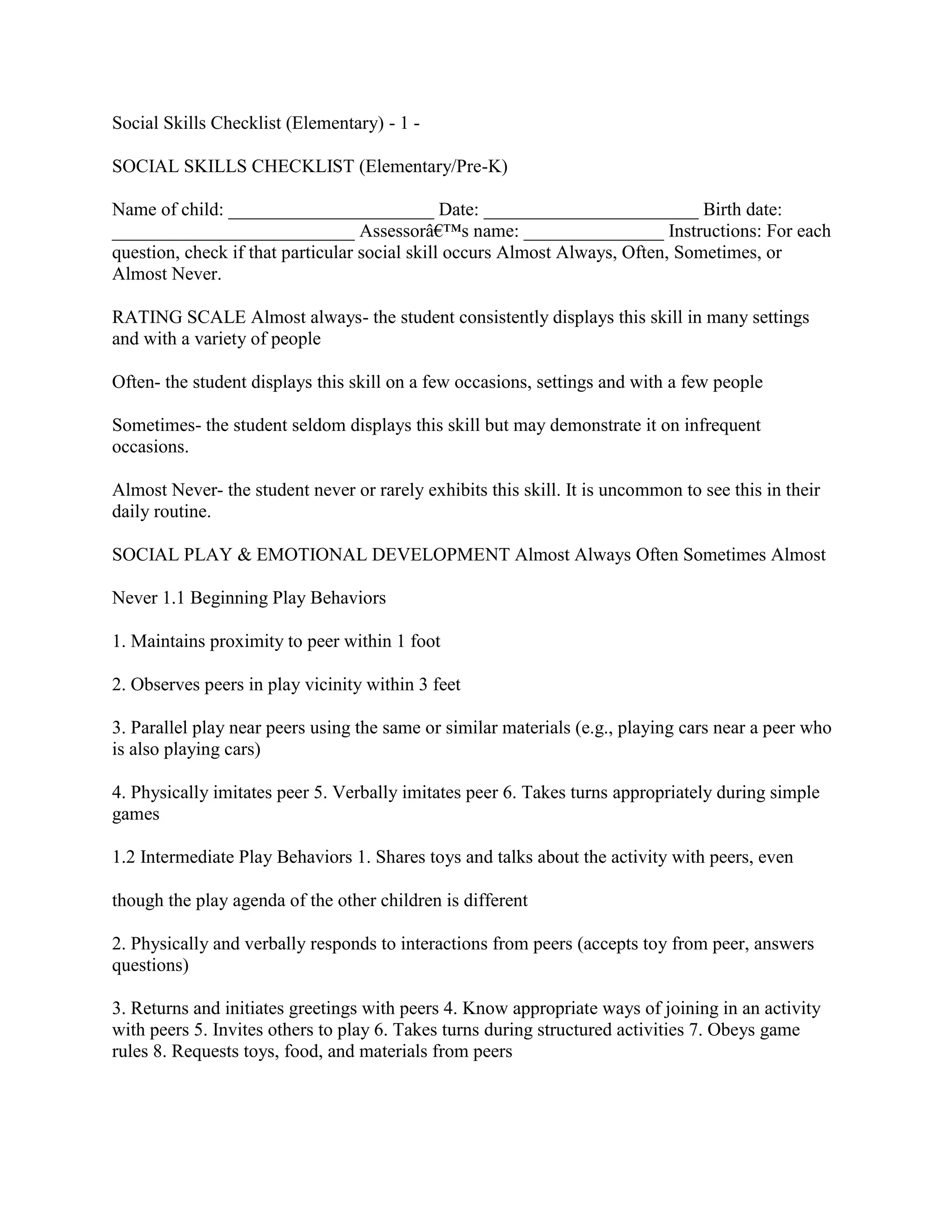 Social Skills Checklist (Elementary) - 1 - SOCIAL SKILLS CHECKLIST (E.docx