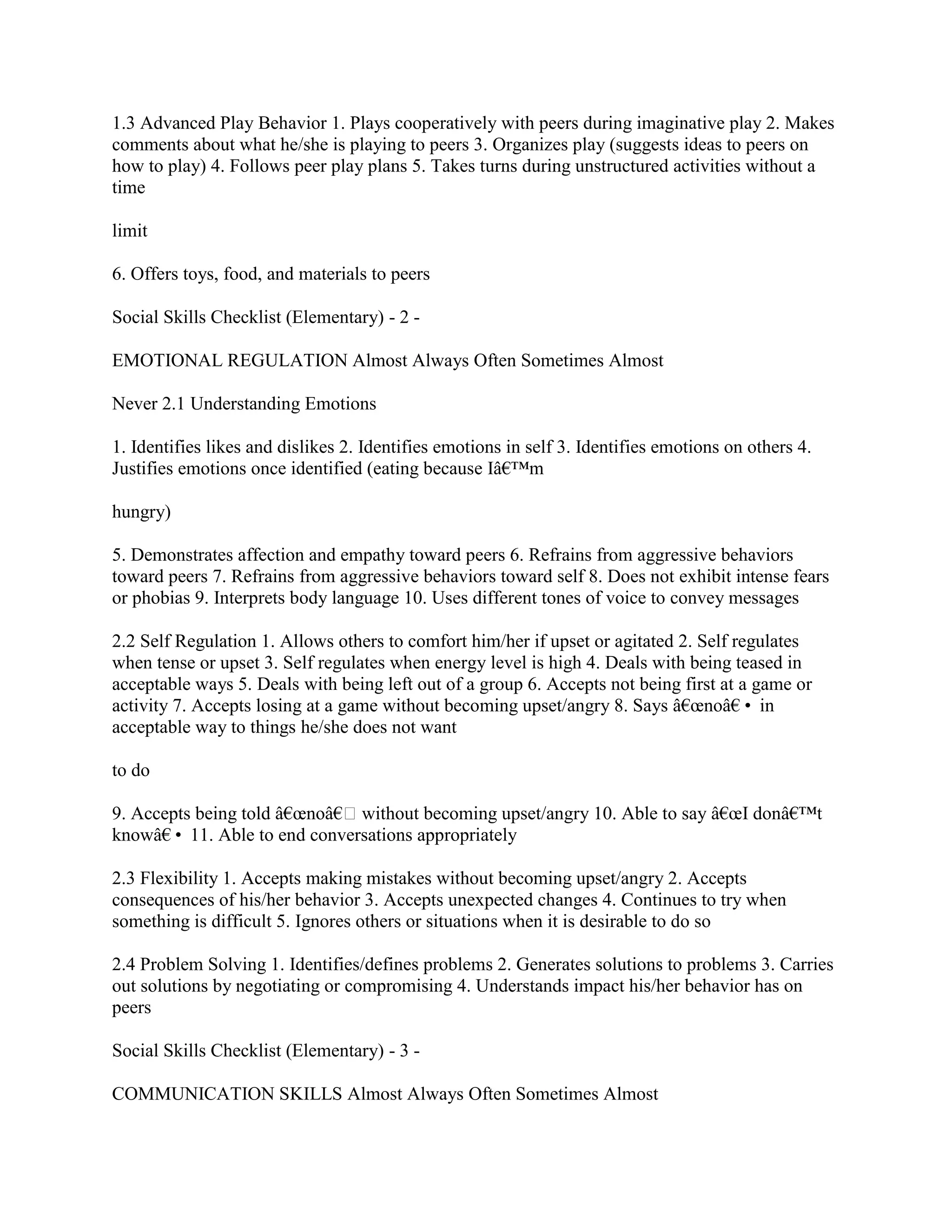 Social Skills Checklist (Elementary) - 1 - SOCIAL SKILLS CHECKLIST (E.docx