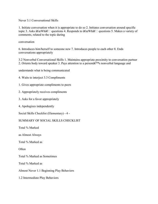 Social Skills Checklist (Elementary) - 1 - SOCIAL SKILLS CHECKLIST (E.docx