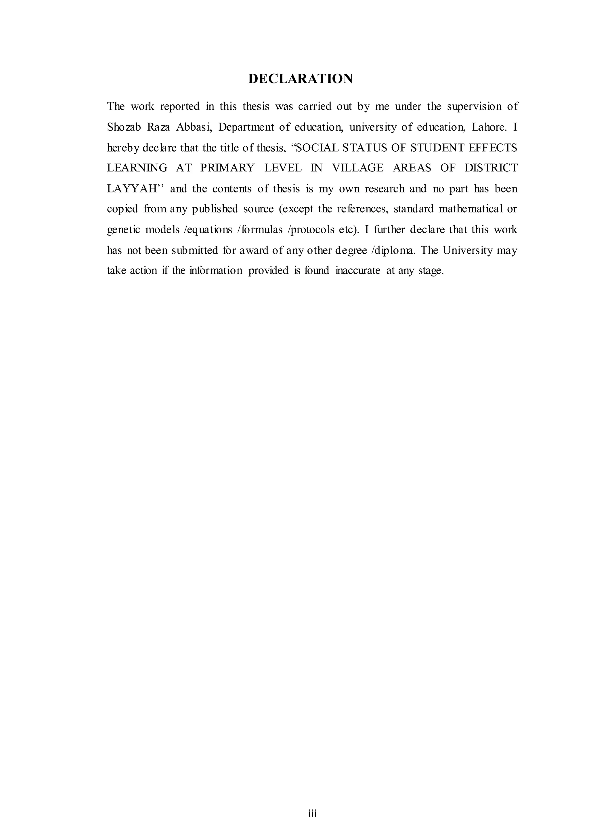 SOCIAL STATUS OF STUDENT EFFECTS LEARNING AT PRIMARY LEVEL IN VILLAGE ...