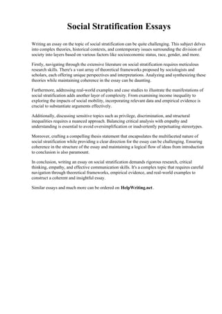 Social Stratification Essays. Alma College | PDF