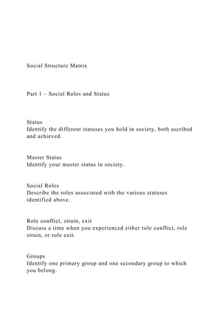 Social Structure MatrixPart 1 – Social Roles and Sta.docx