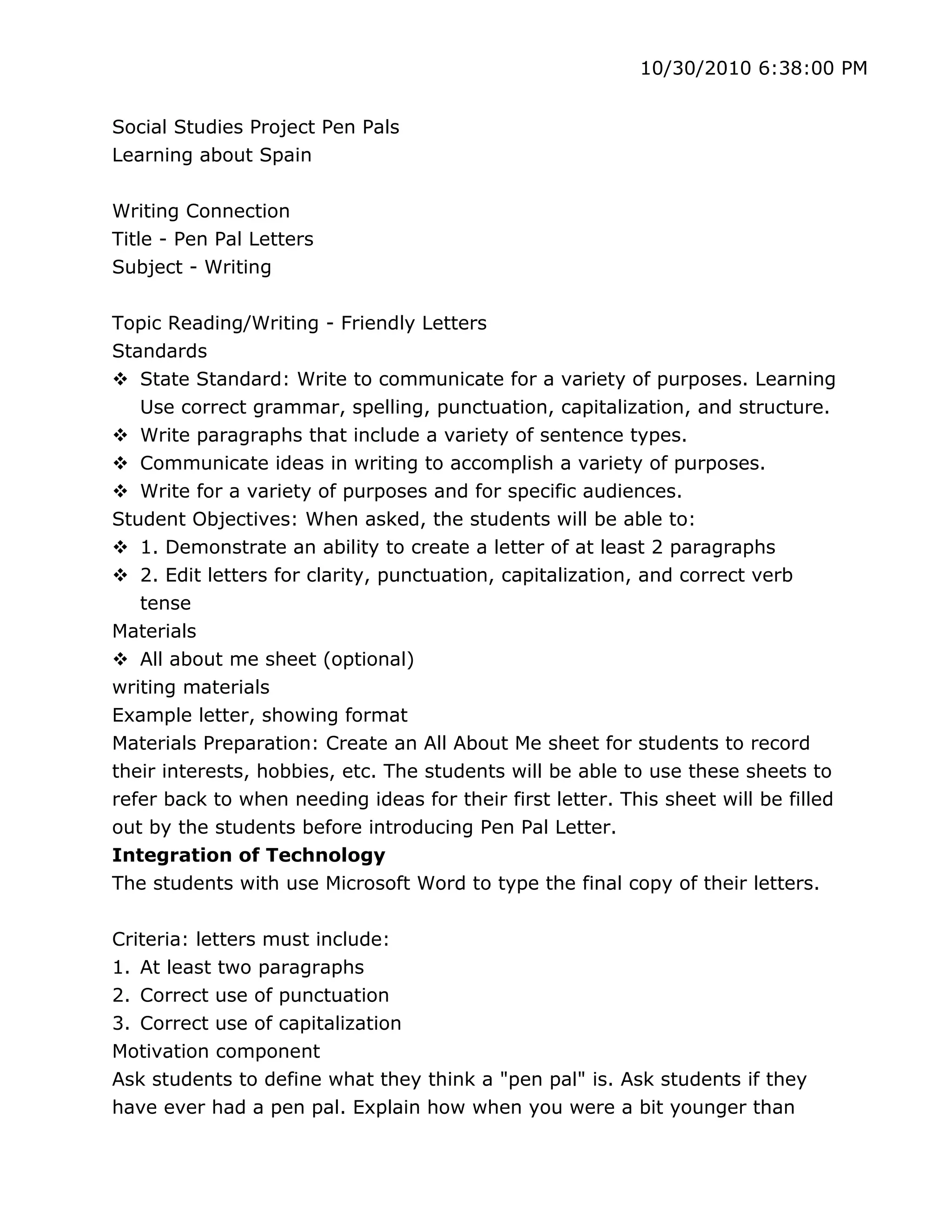 Social studies project pen pals | DOCX