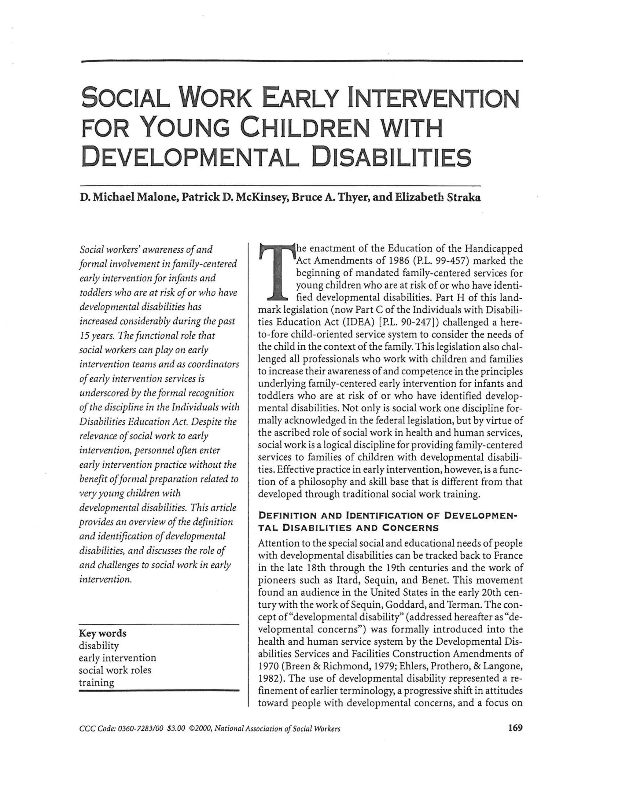 Social Work Early Intervention for Young Children with Developmental ...