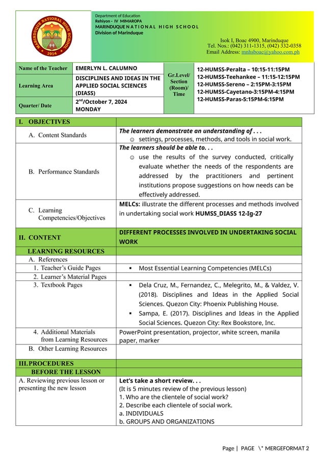 Lesson Plan in DIASS -Social Work Process.docx | Educational Assessment ...