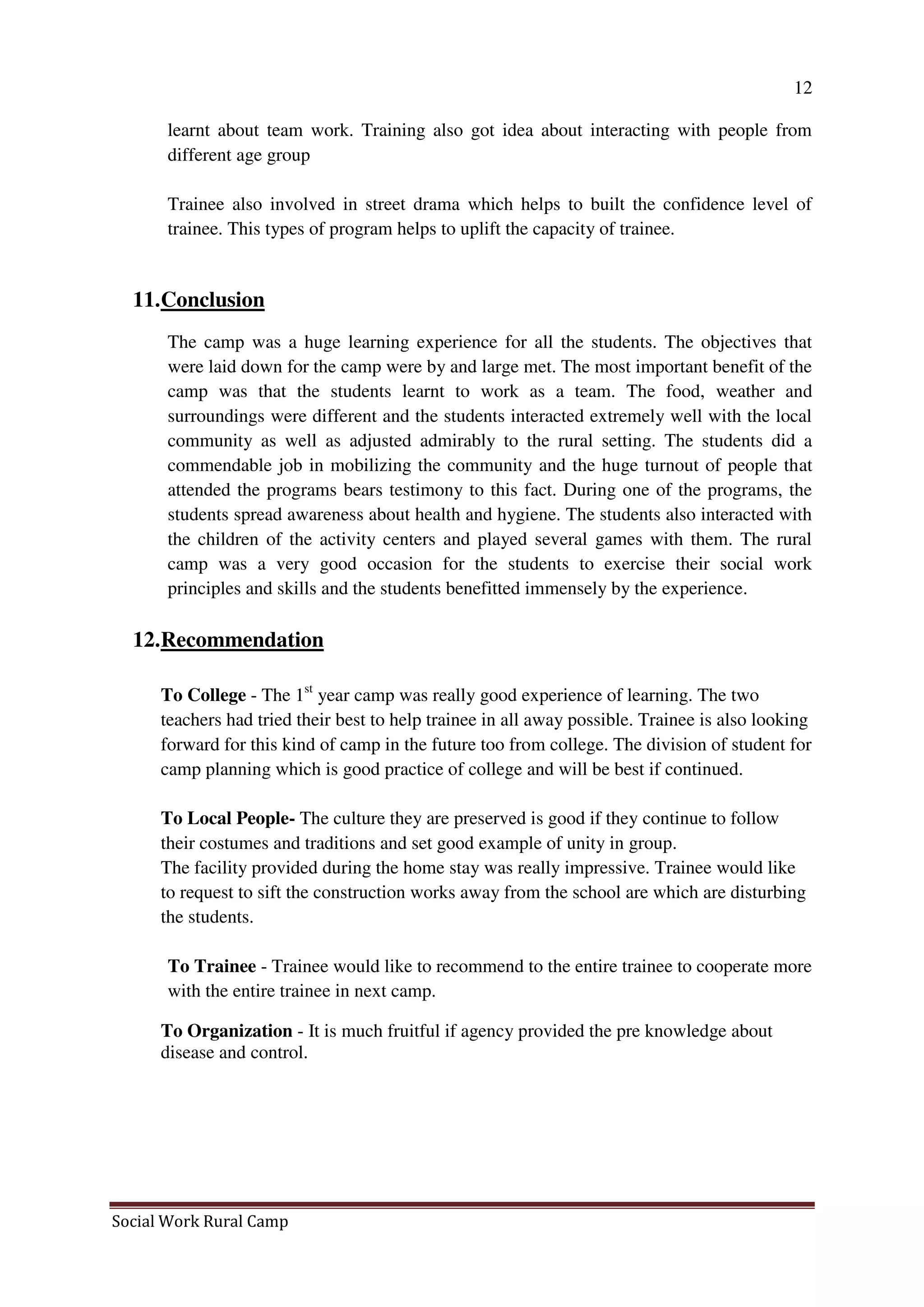 Social work rural camp report | PDF