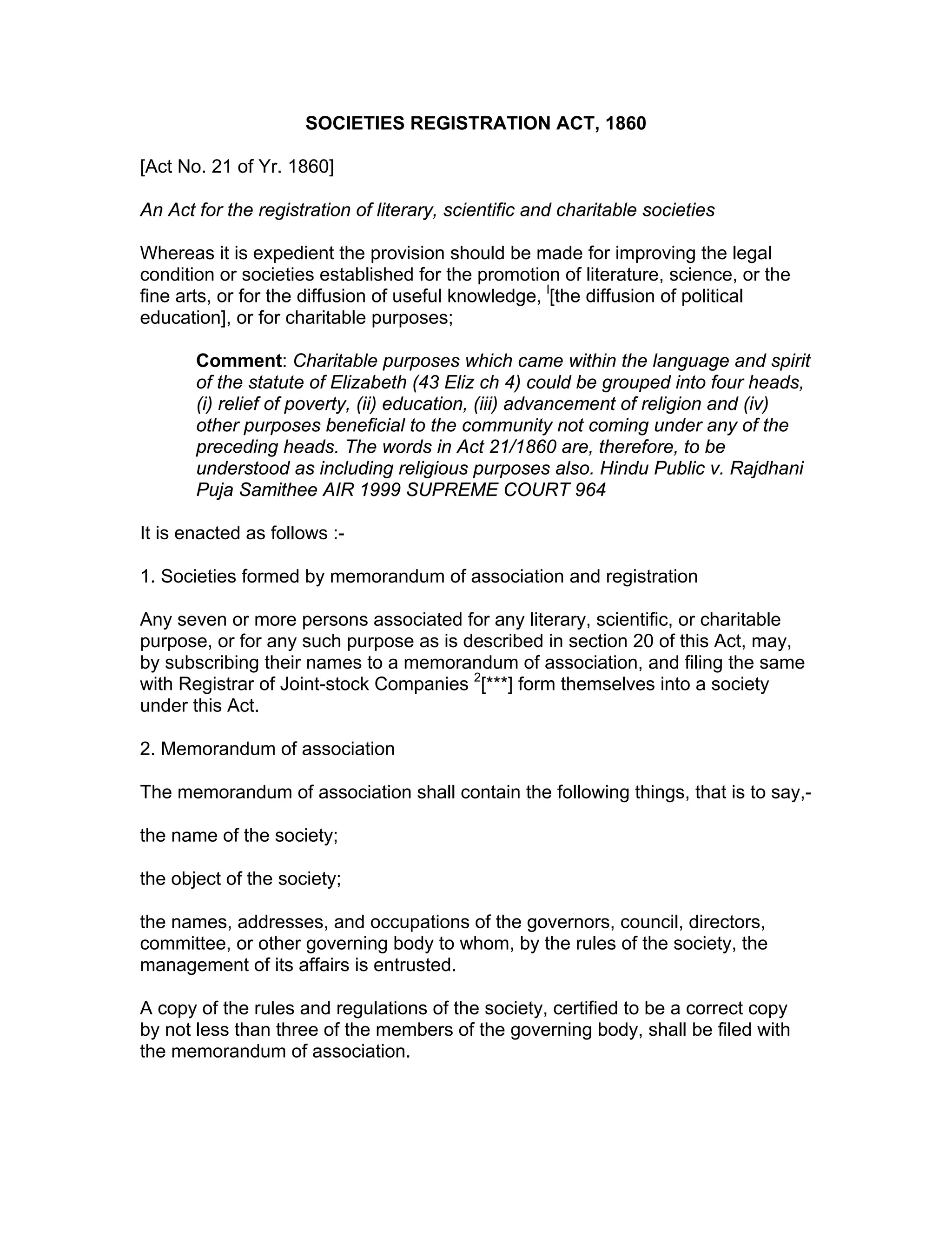 Bare Act- Societies Registration Act, 1860 | PDF