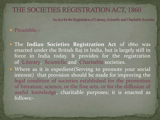 Societies registration act_1860 | PPTX | Law