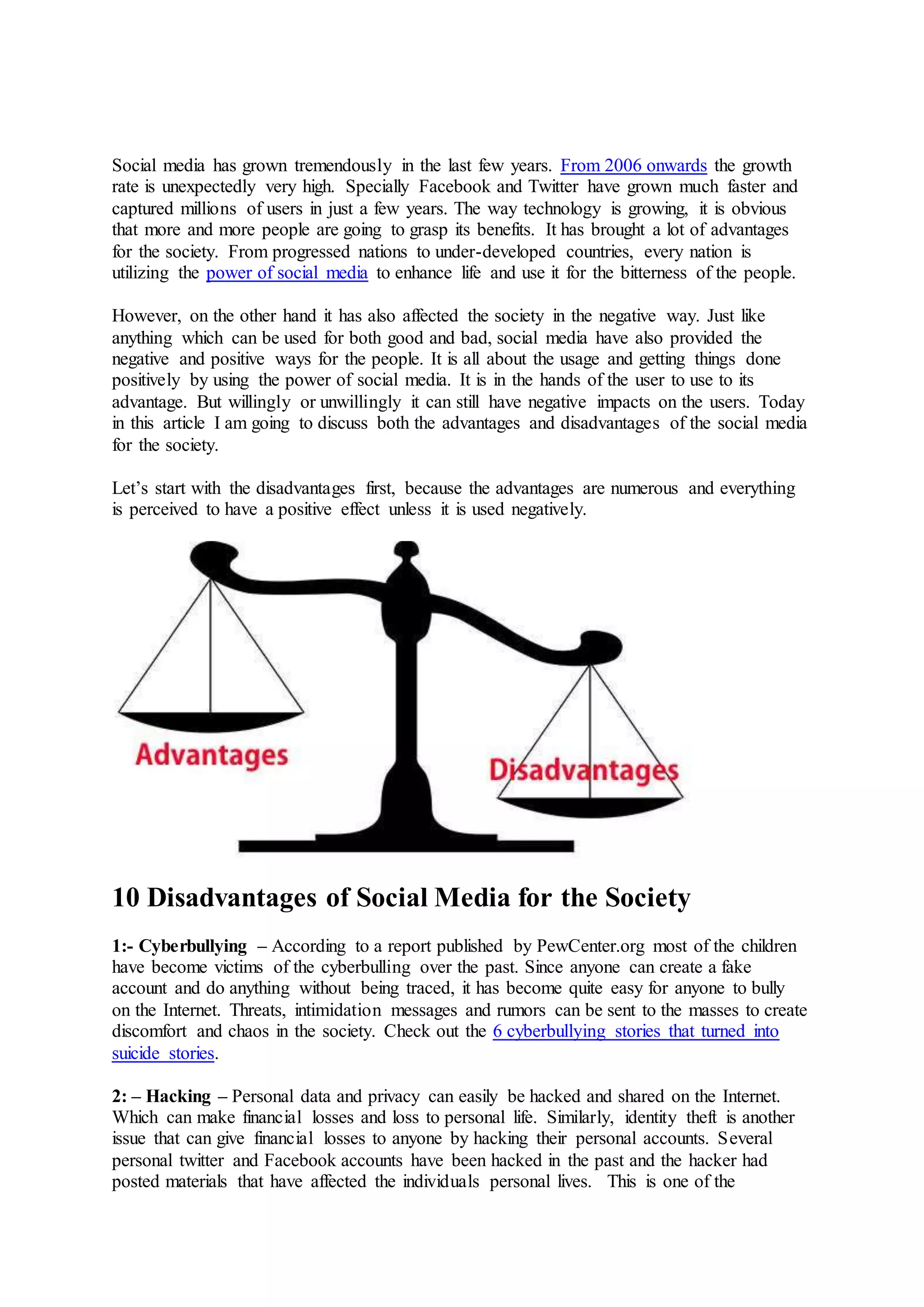 10 Advantages and Disadvantages of Social Media for Society | DOCX