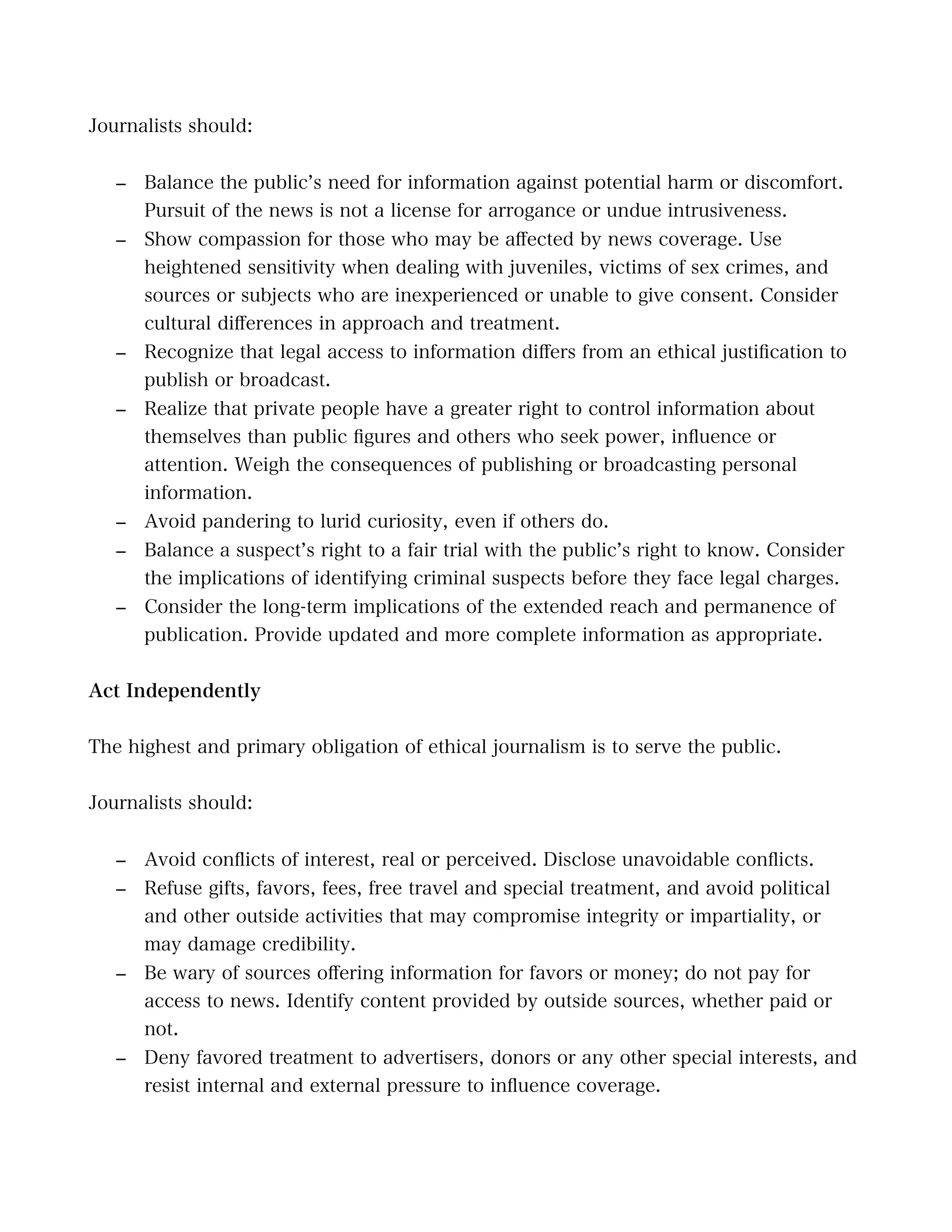 Society of Professional Journalists - Code of Ethics | PDF