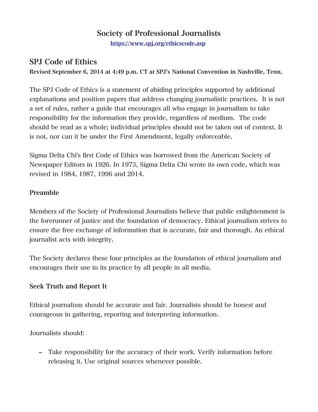 Society of Professional Journalists - Code of Ethics | PDF