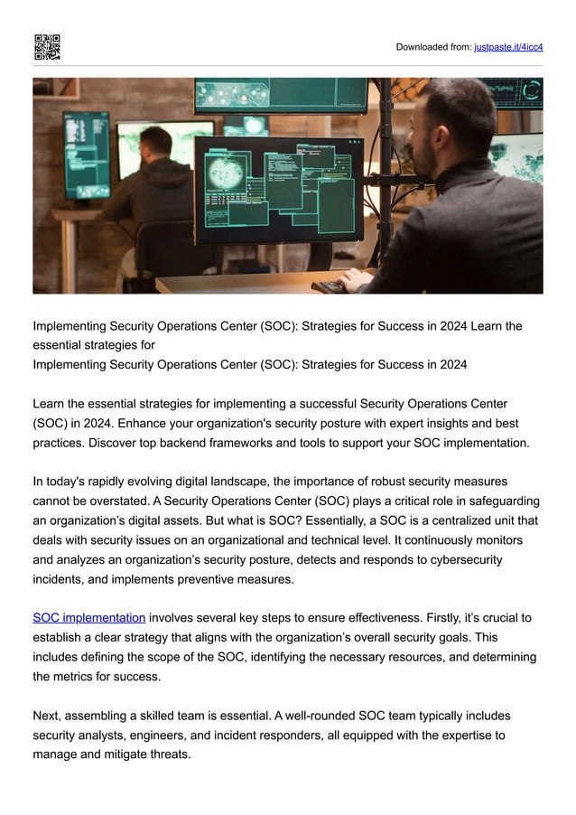 Implementing Security Operations Center (SOC): Strategies for Success in 2024 | PDF