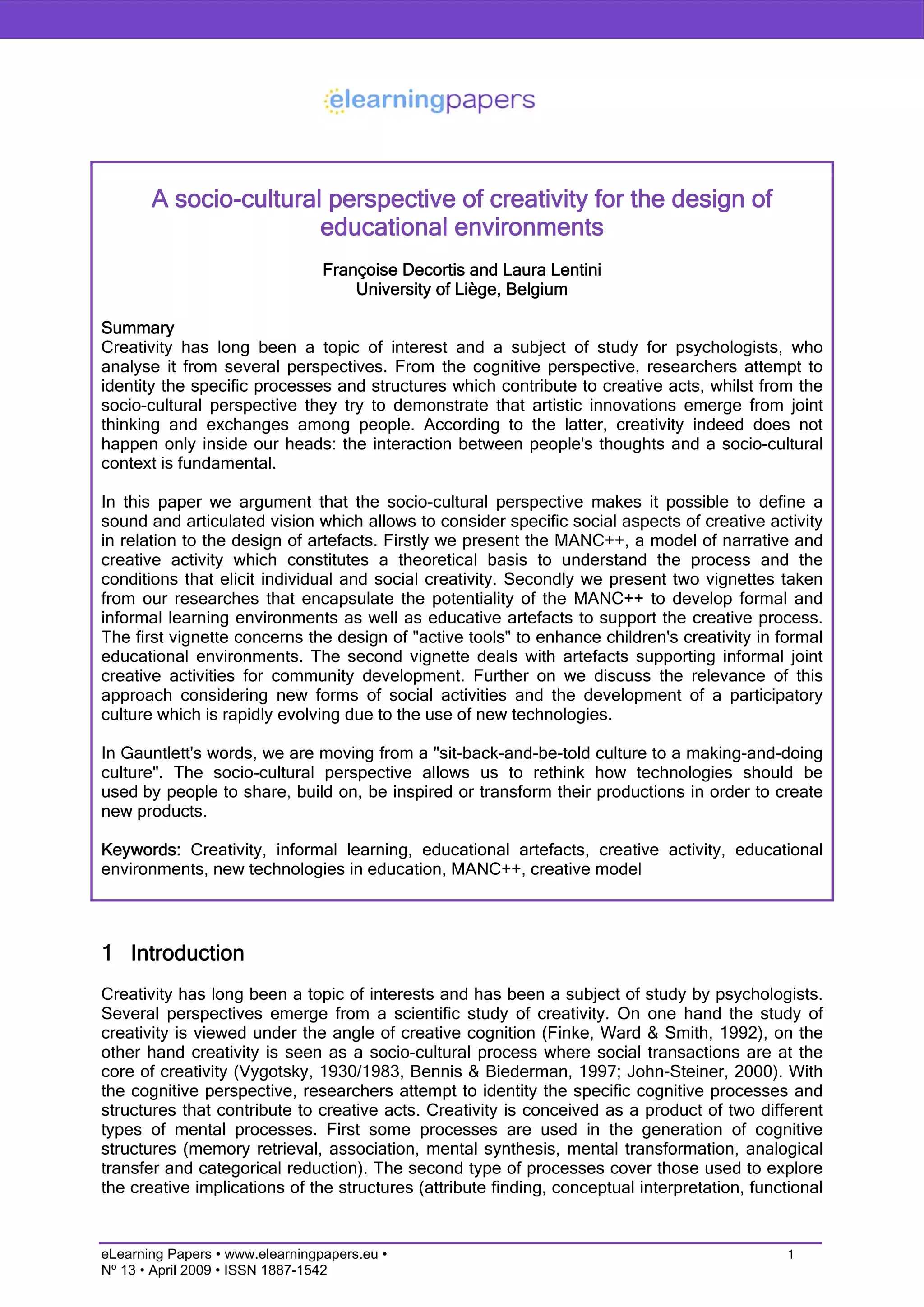 A socio-cultural perspective of creativity for the design of ...