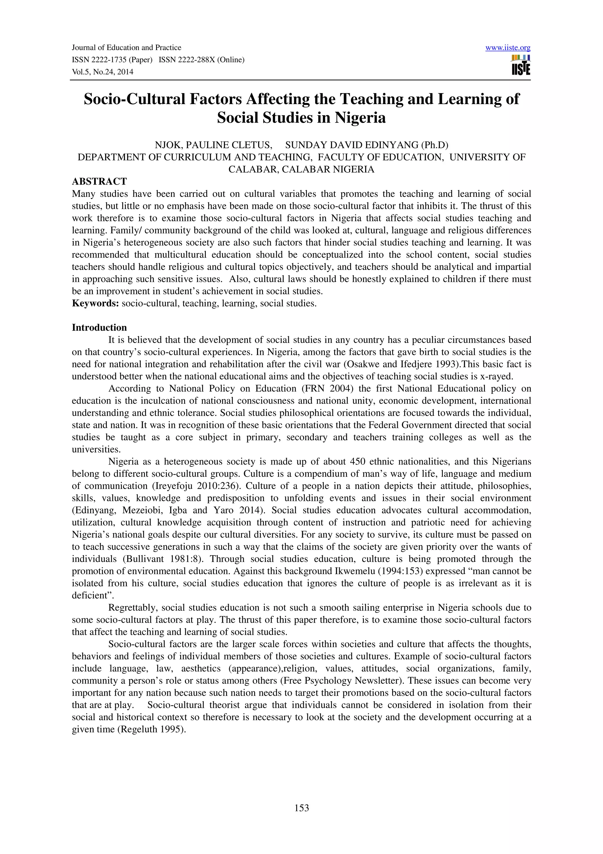 Socio cultural factors affecting the teaching and learning of | PDF