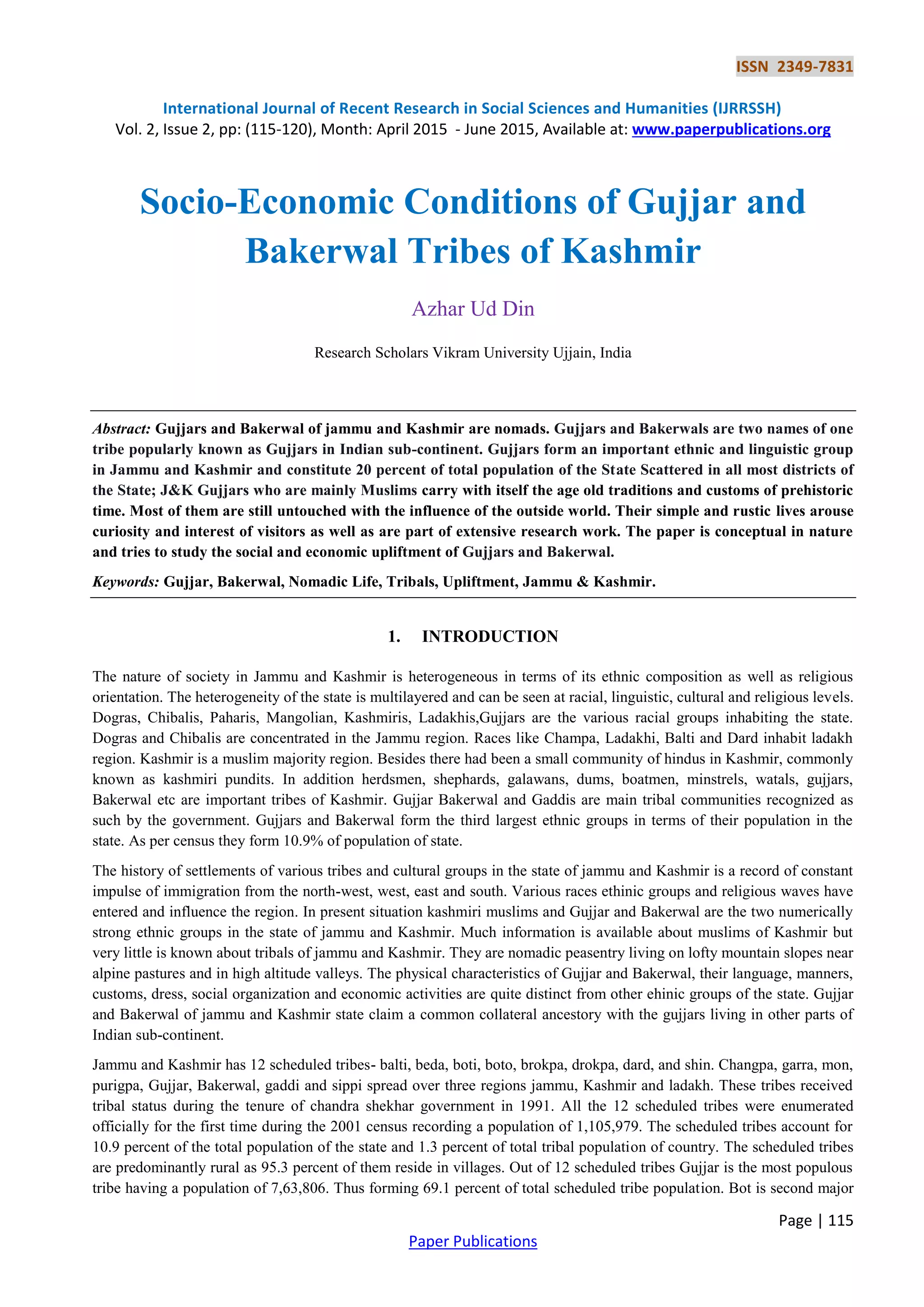 Socio-Economic Conditions of Gujjar and Bakerwal Tribes of Kashmir | PDF