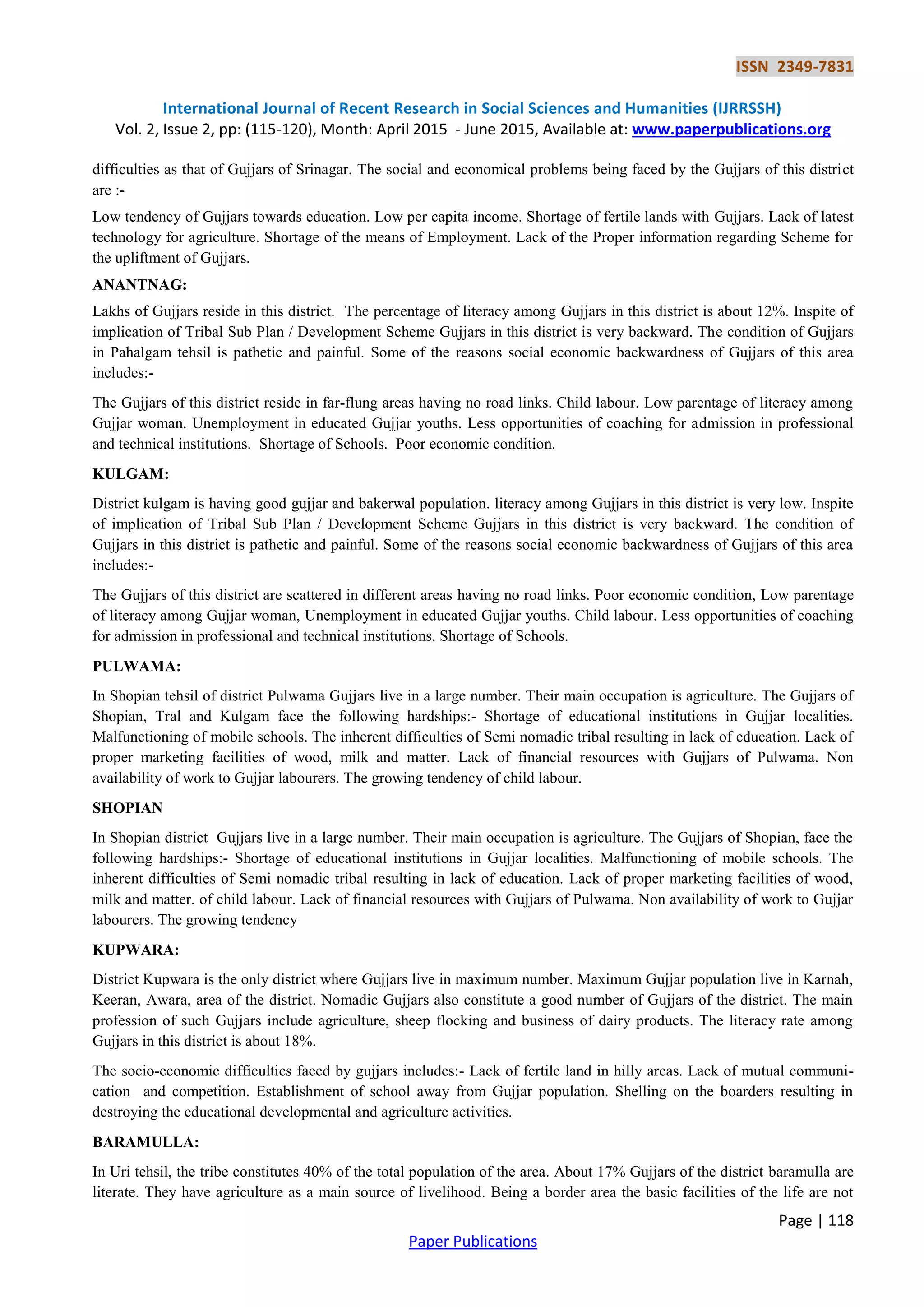 Socio-Economic Conditions of Gujjar and Bakerwal Tribes of Kashmir | PDF