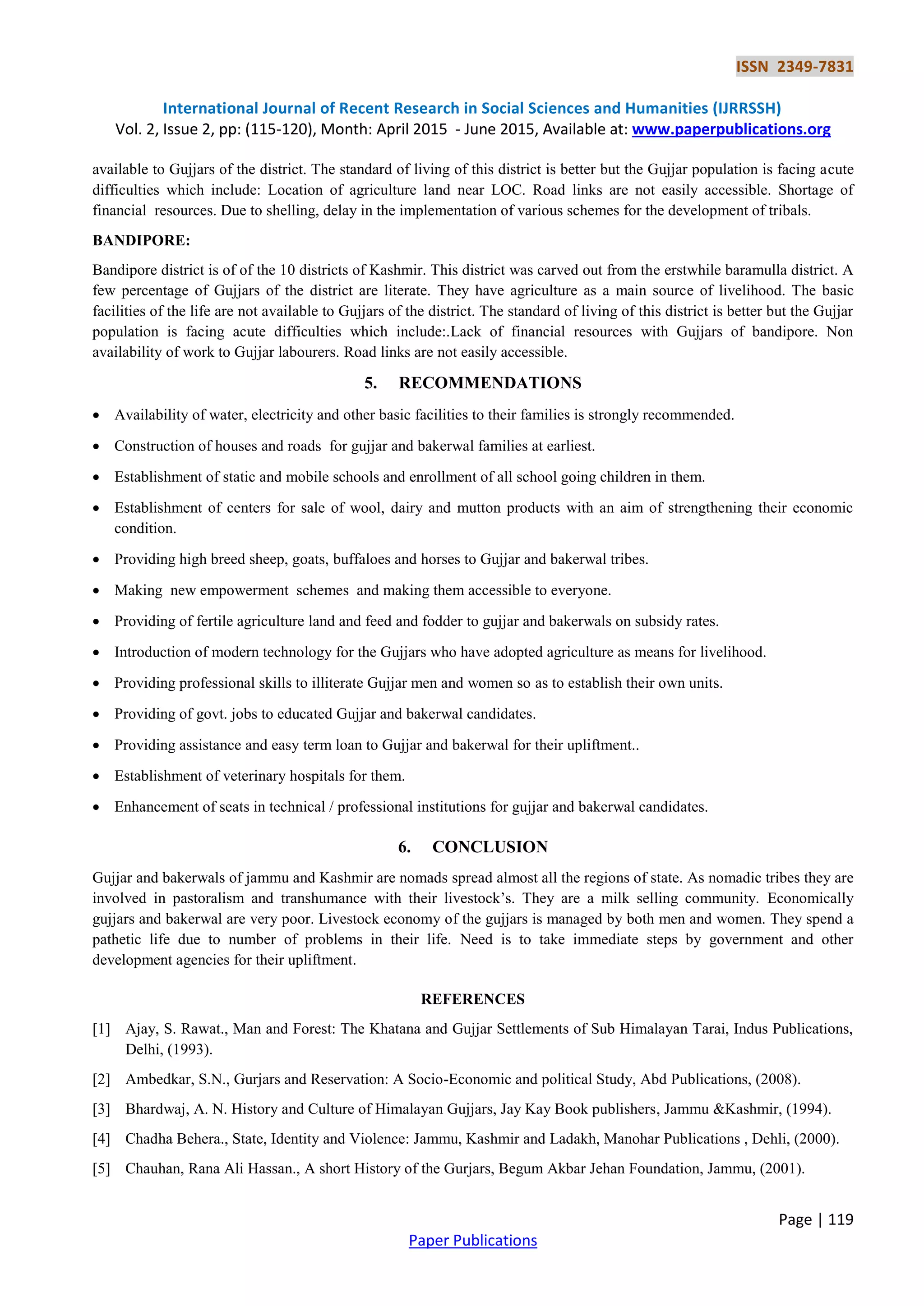 Socio-Economic Conditions of Gujjar and Bakerwal Tribes of Kashmir | PDF