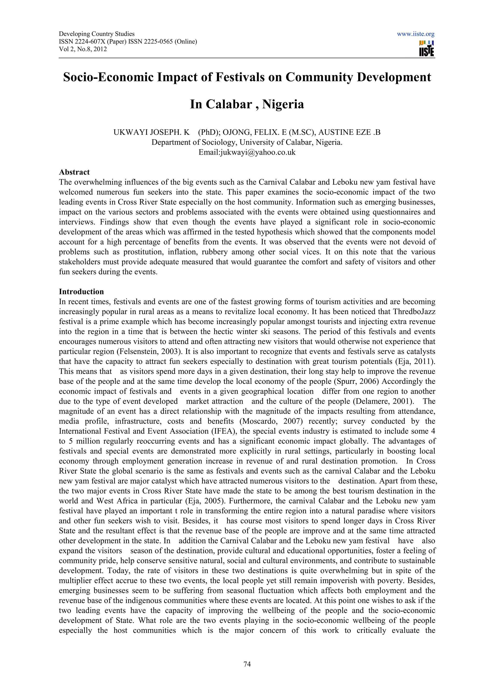Socio economic impact of festivals on community development in calabar ...