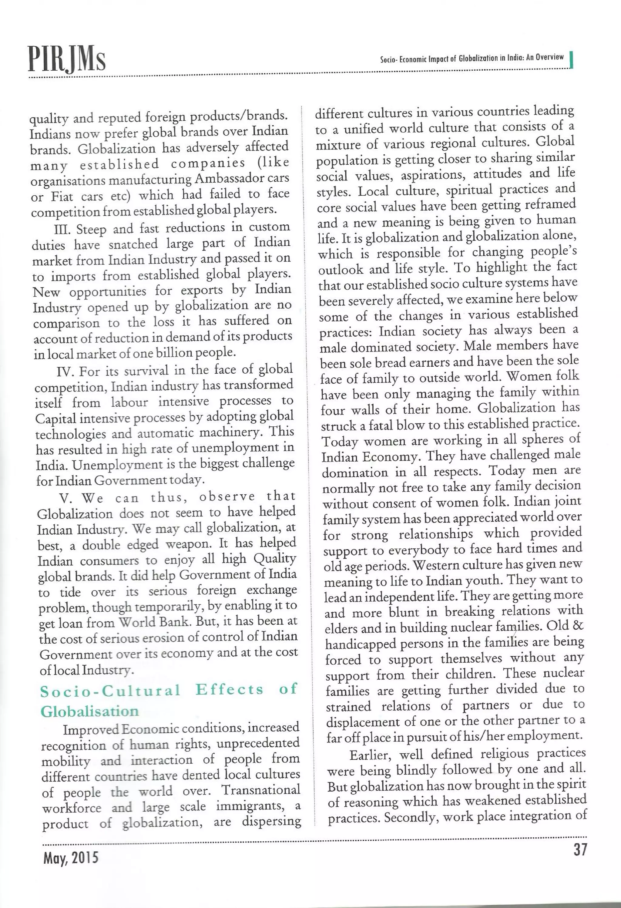 Socio economic impact of globalization in India - An Overview | PDF