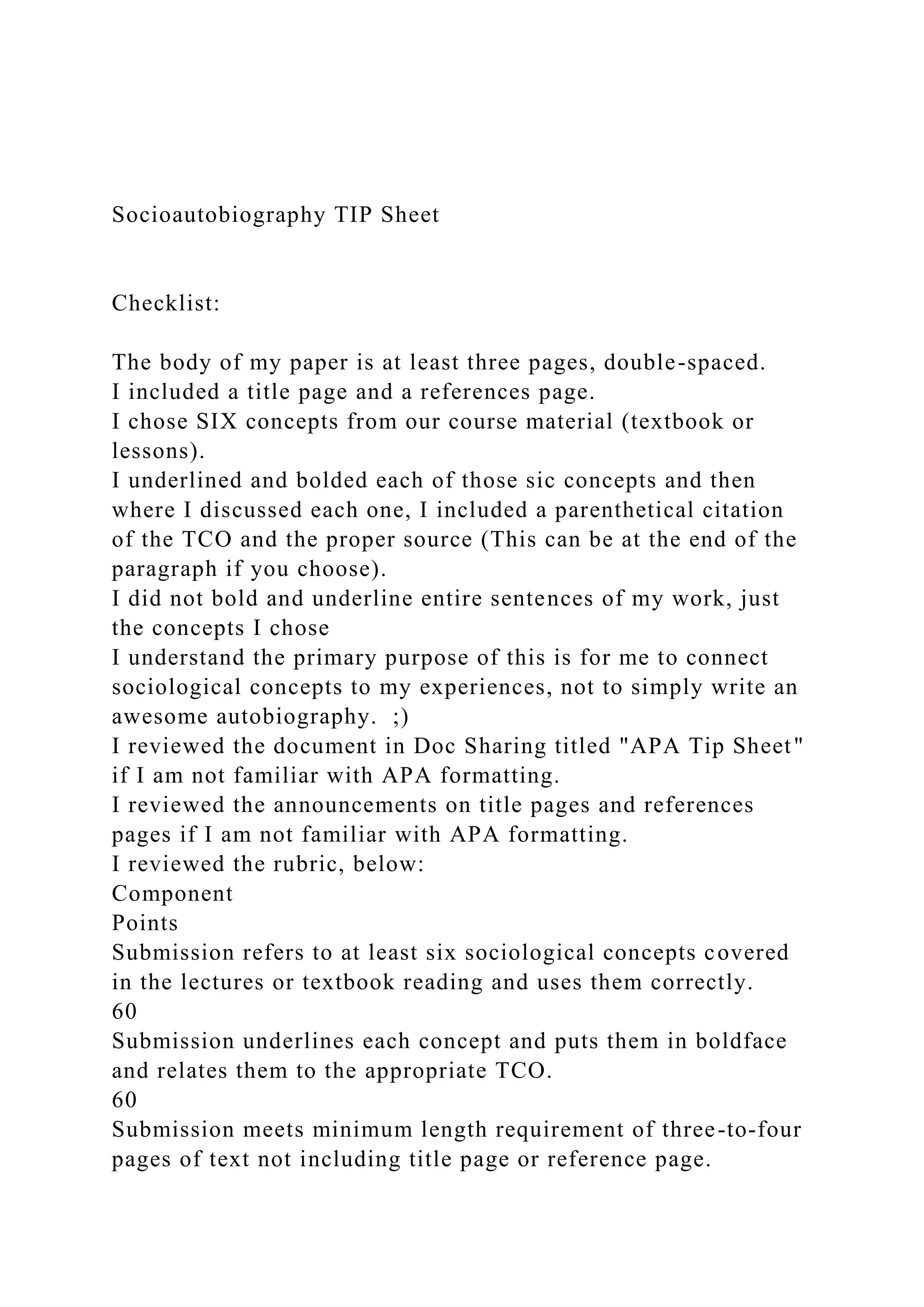 Socioautobiography TIP SheetChecklistThe body of my p.docx | College ...
