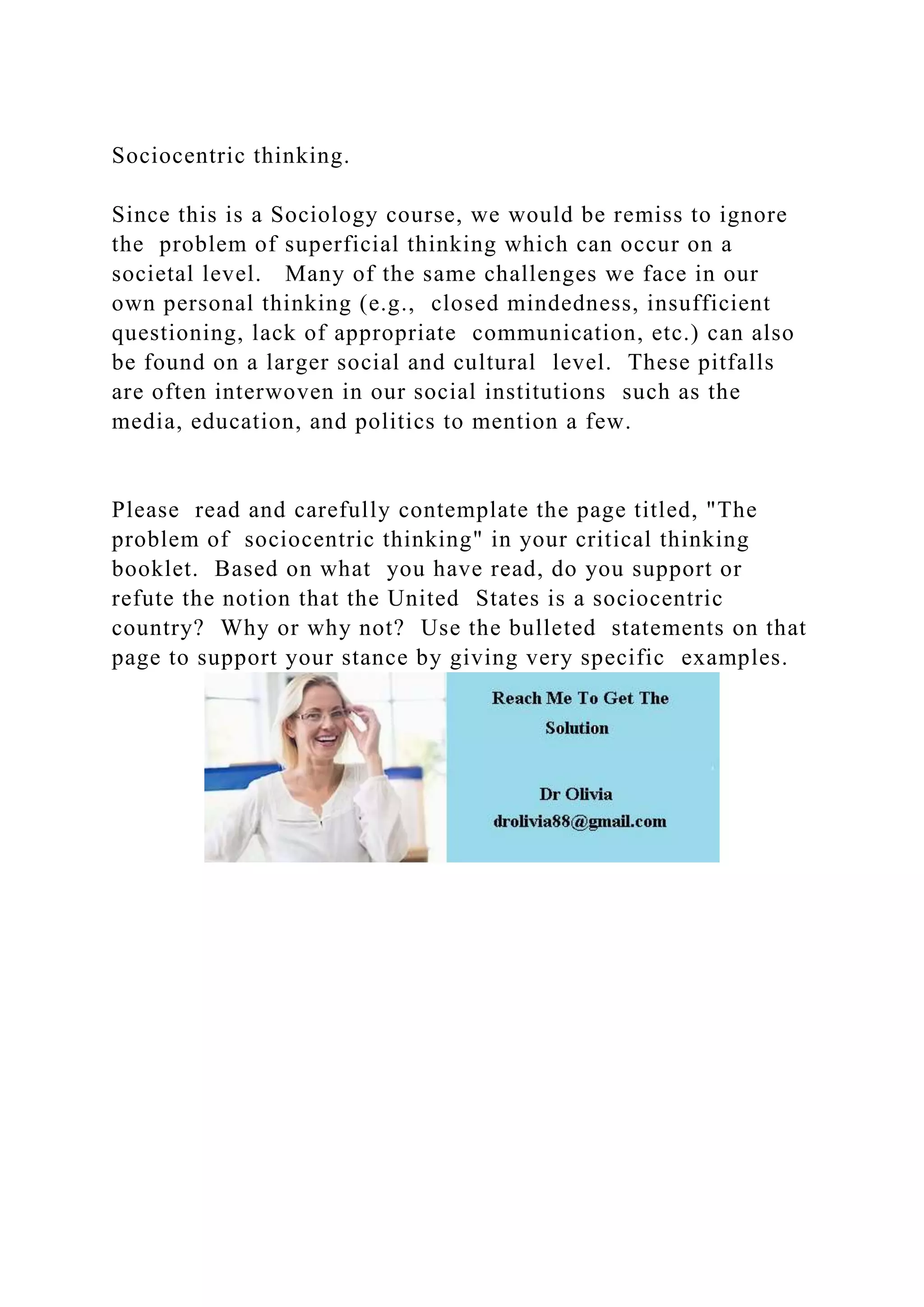 Sociocentric thinking.Since this is a Sociology course, we would.docx | Civic affairs | Politics