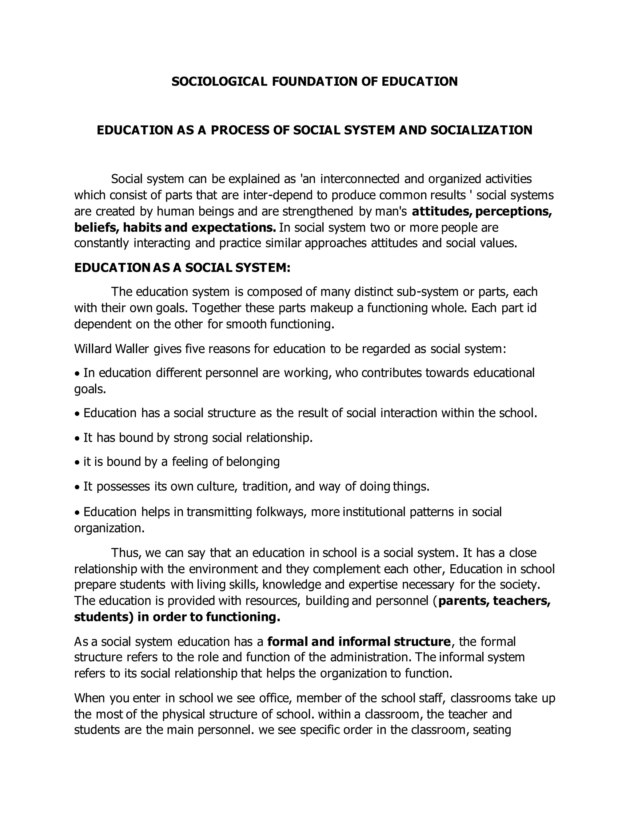 SOCIOLOGICAL FOUNDATION OF EDUCATION (report in foundation of education ...