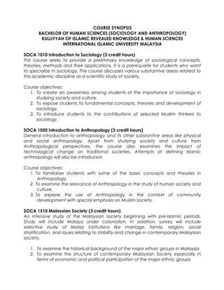 Bachelor of Human Sciences (Sociology & Anthropology) Course Synopsis | PDF
