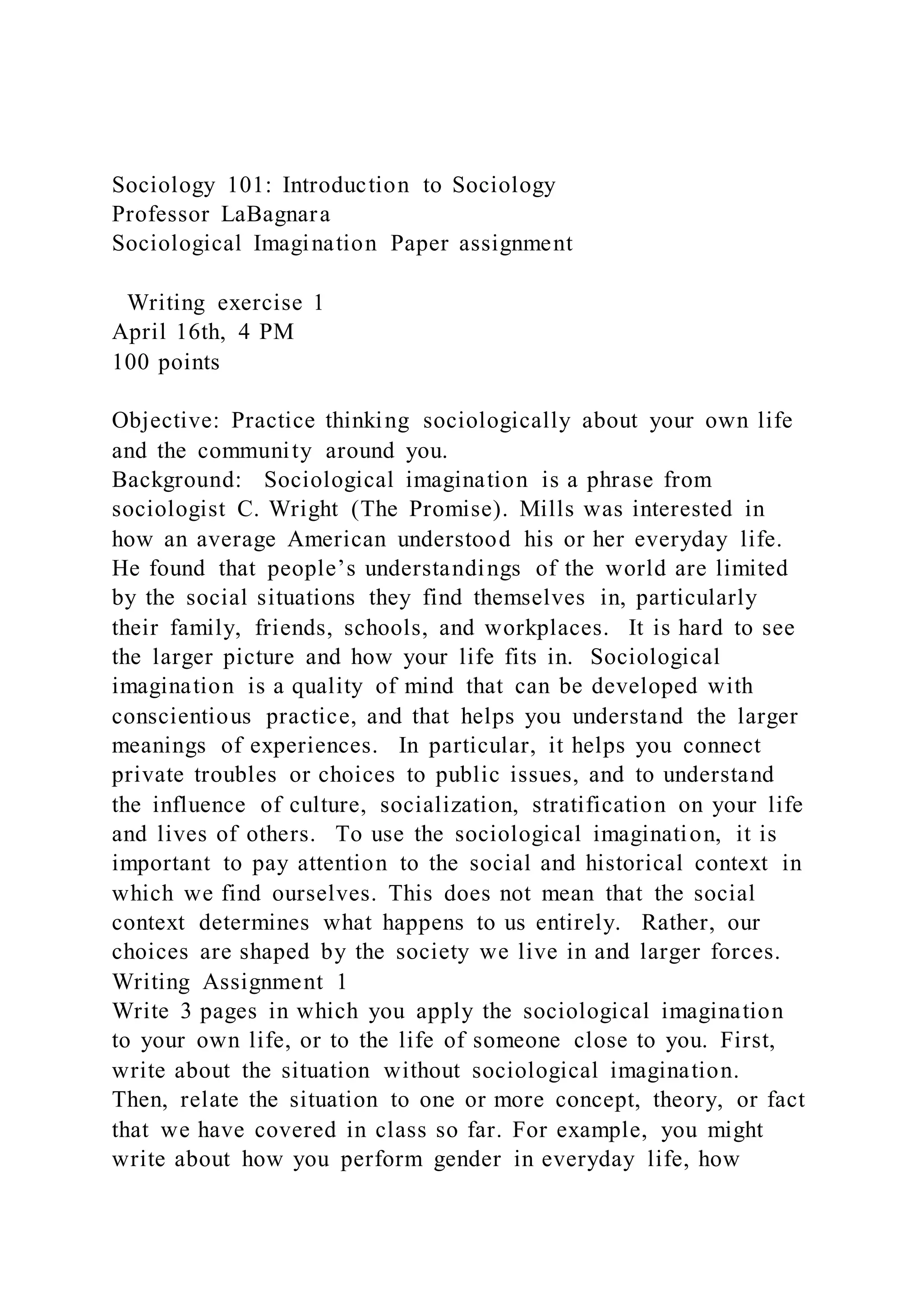 Sociology 101 Introduction to SociologyProfessor LaBagnaraSoc | PDF