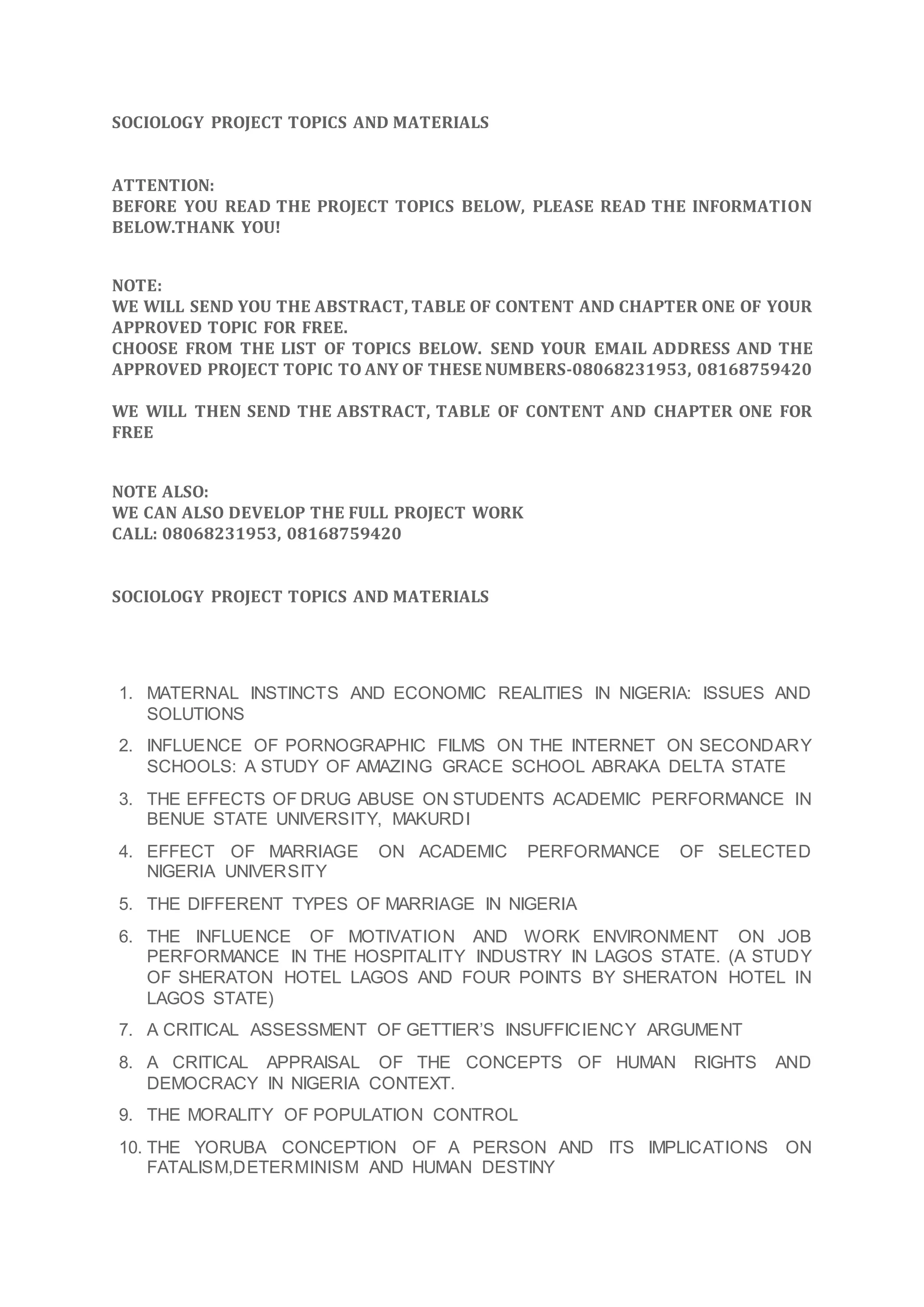 Sociology project topics and materials 167 | DOCX