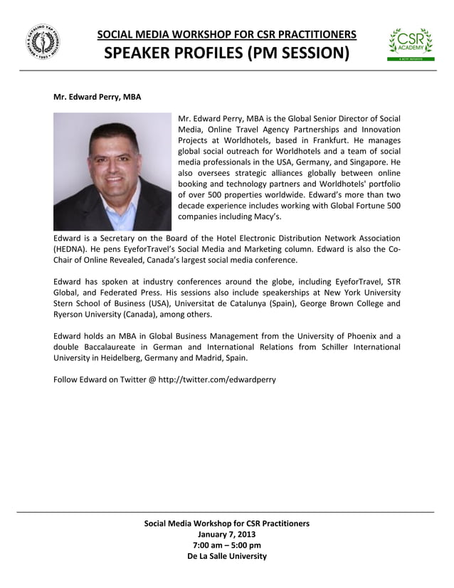 Social Media Workshop - Speaker Profiles | PDF | Business ...
