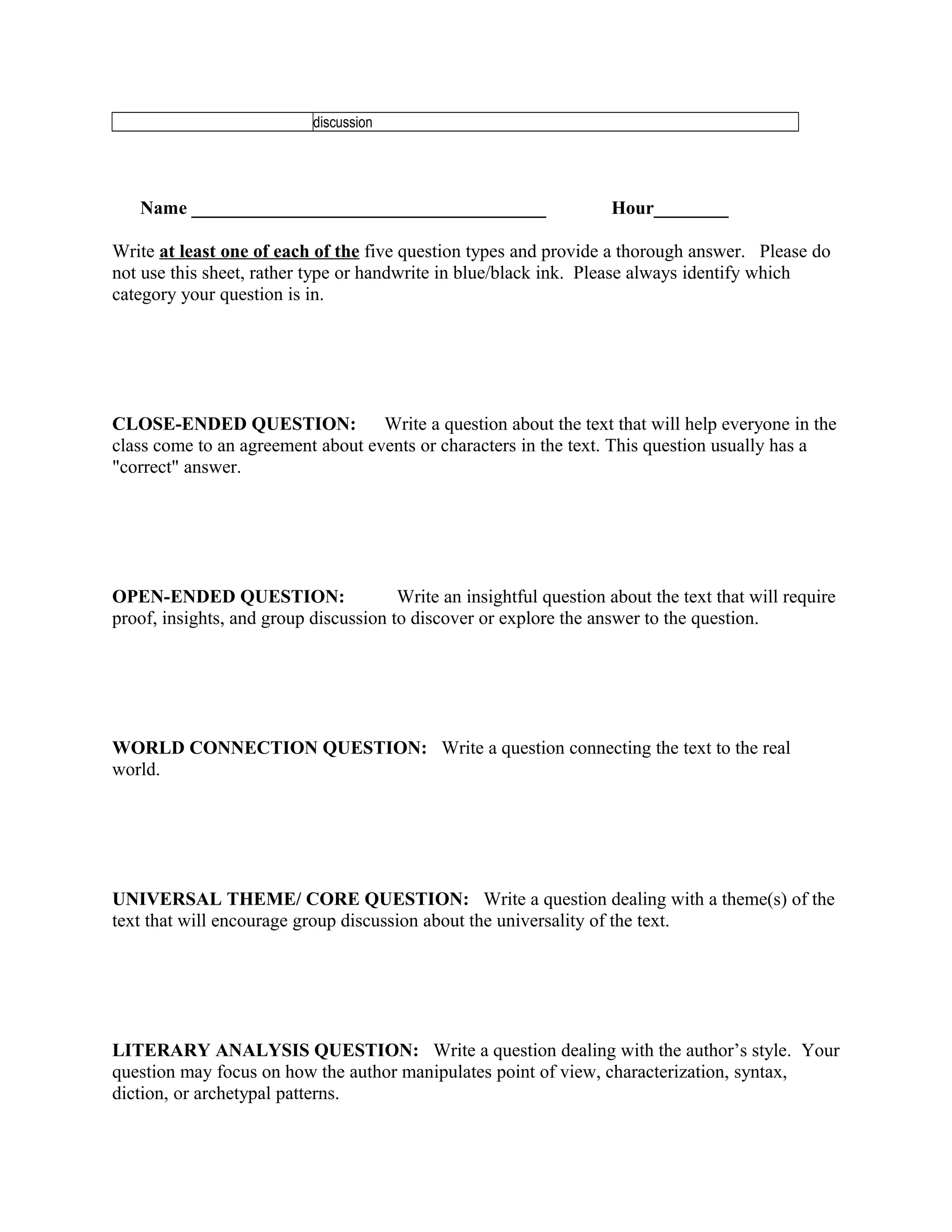 Socratic Seminar Student Handout | DOC