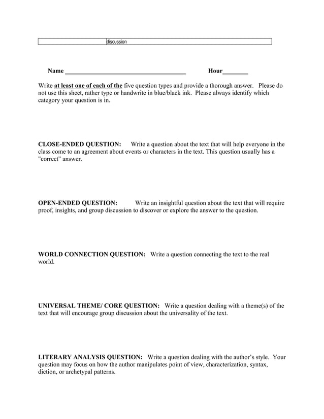 Socratic Seminar Student Handout | DOC