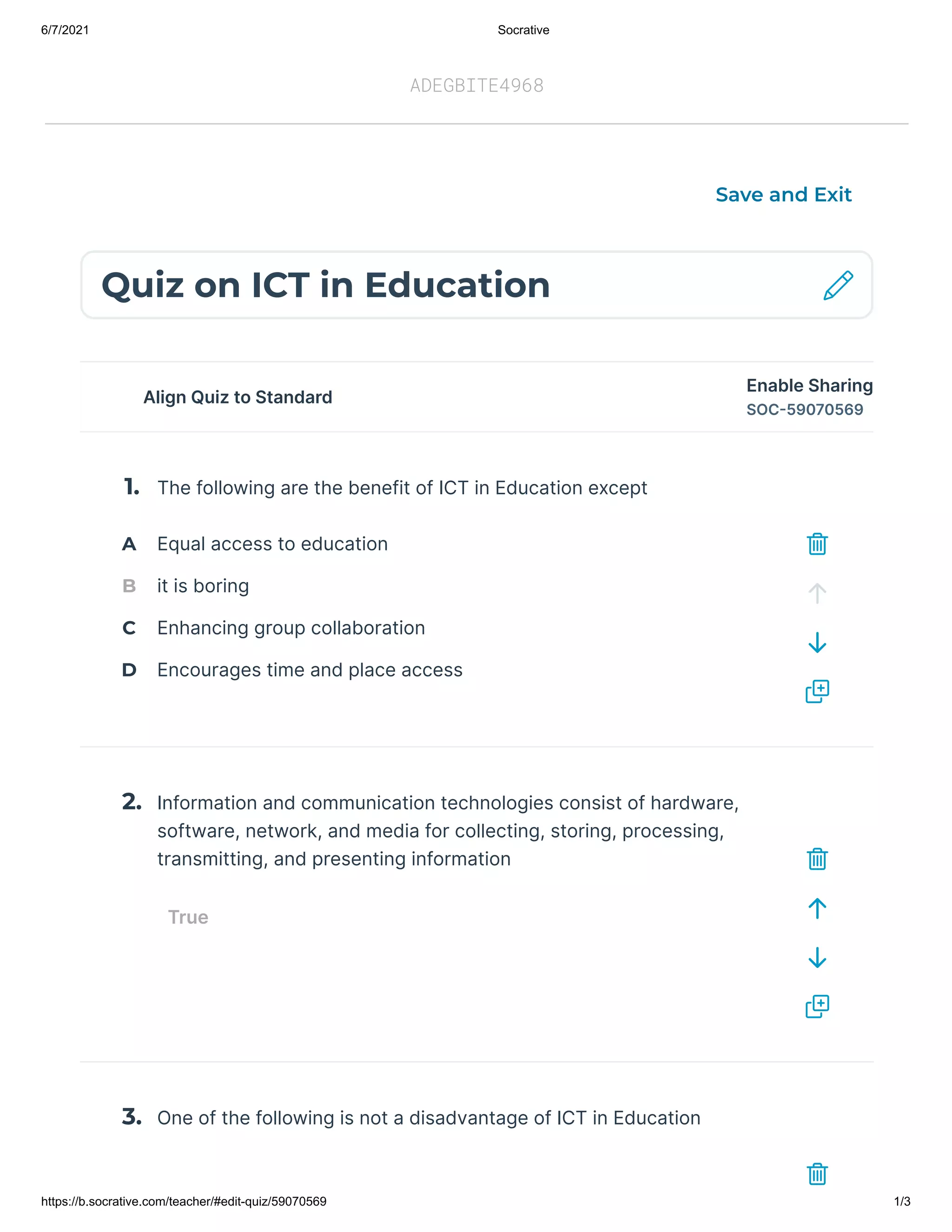 Quiz on Concept of ICT in Education | PDF