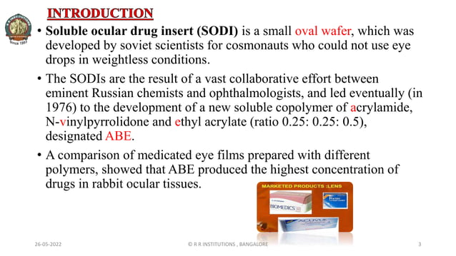 SODI(Soluble Ocular Drug Insert).pptx | Eye and Vision Conditions ...