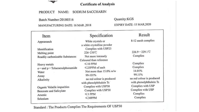 Sodium saccharin - technology sources, project feasibility | PPT